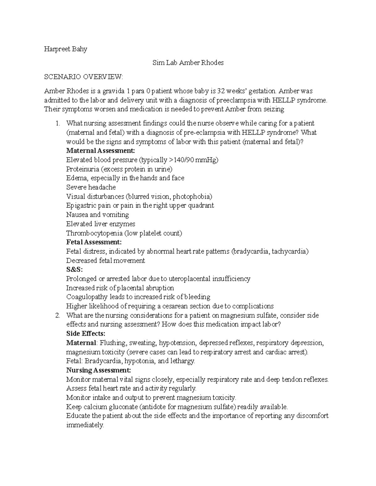 Maternal wk5 sim 2 - sim lab - Harpreet Bahy Sim Lab Amber Rhodes ...