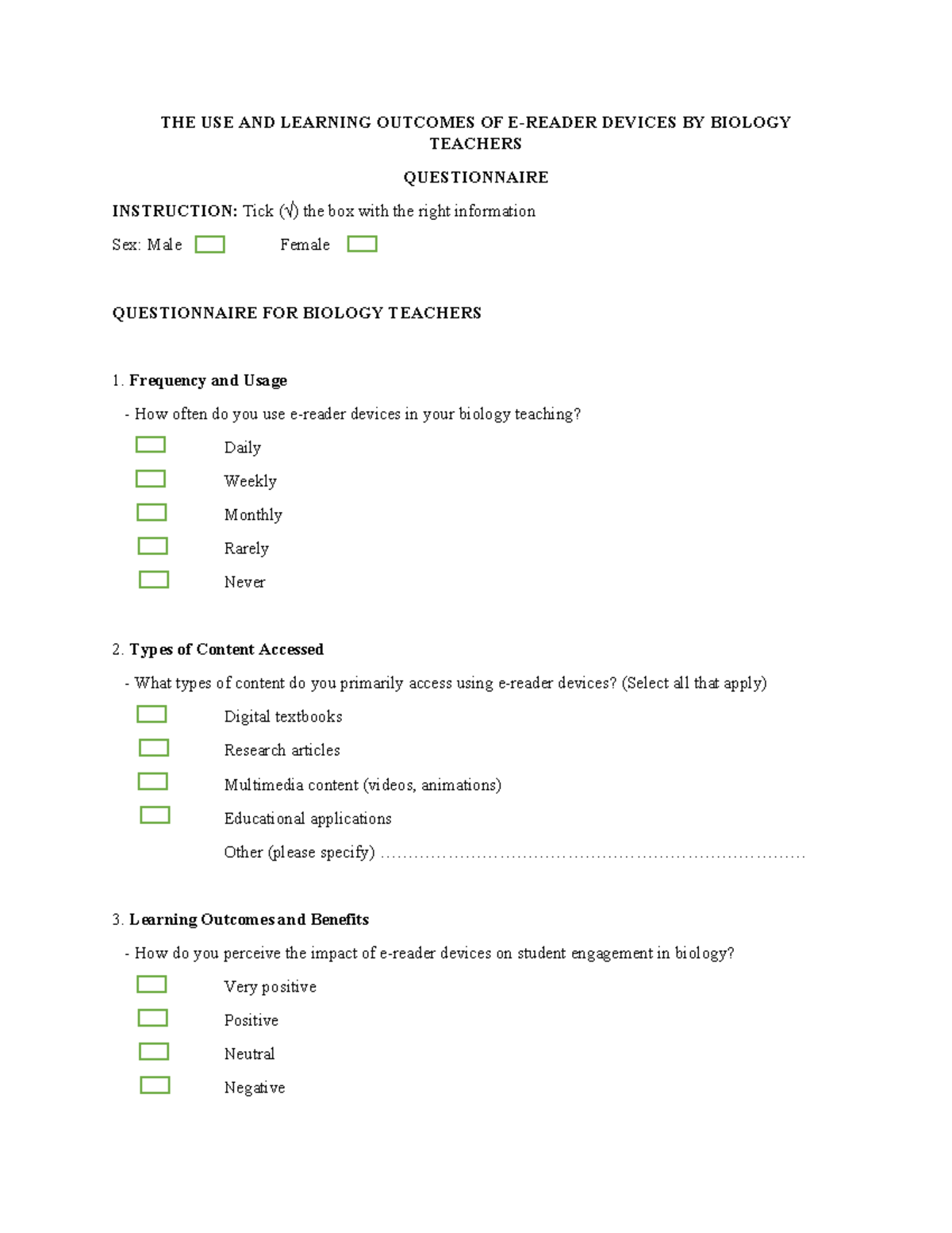 Questionnaire 1 - Typing work - THE USE AND LEARNING OUTCOMES OF E ...