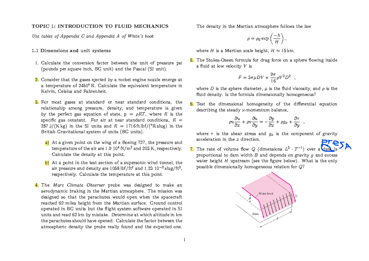 Tema1 - TOPIC 1: INTRODUCTION TO FLUID MECHANICS Use tables of Appendix ...