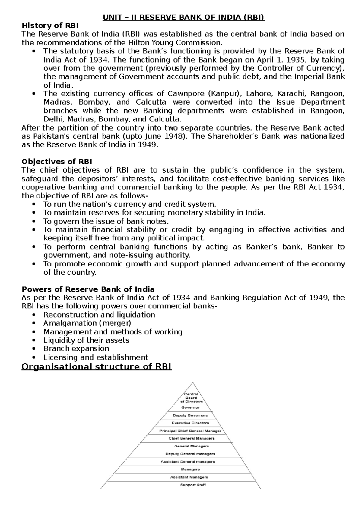 Banking UNIT 2 - UNIT – II RESERVE BANK OF INDIA (RBI) History of RBI ...