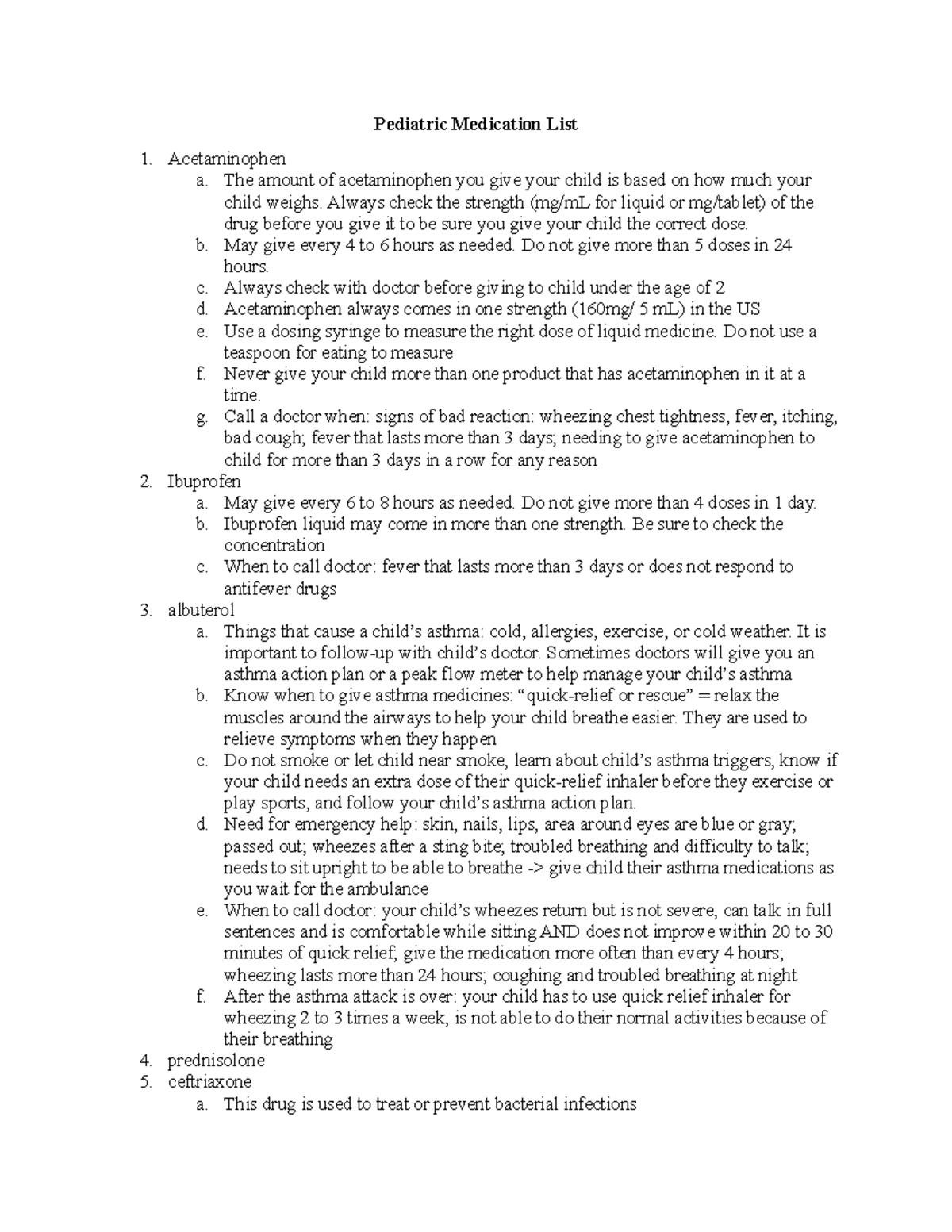 Pediatric Medication List - Pediatric Medication List Acetaminophen a ...