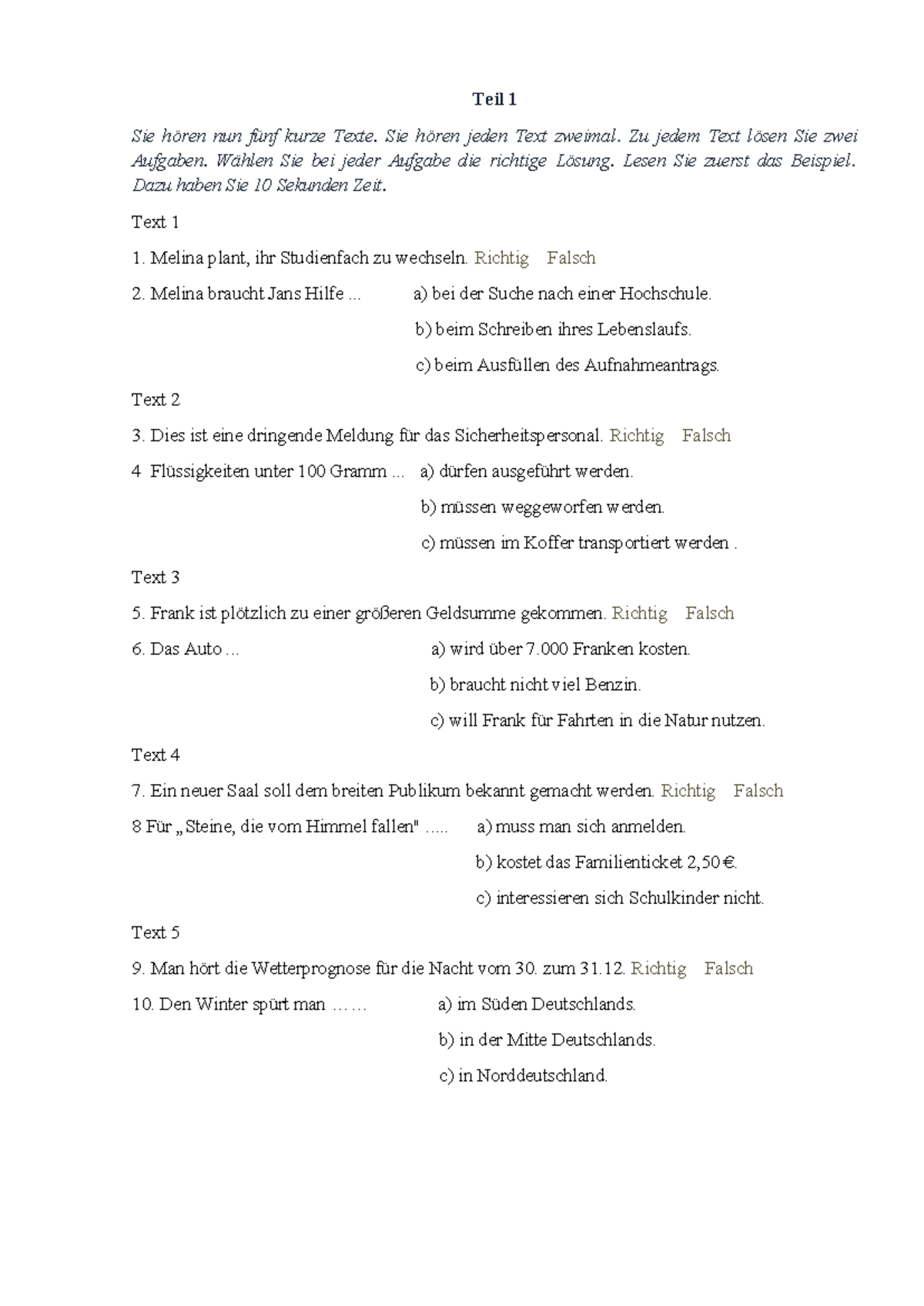 German language - Teil 1 Sie hören nun fünf kurze Texte. Sie hören ...