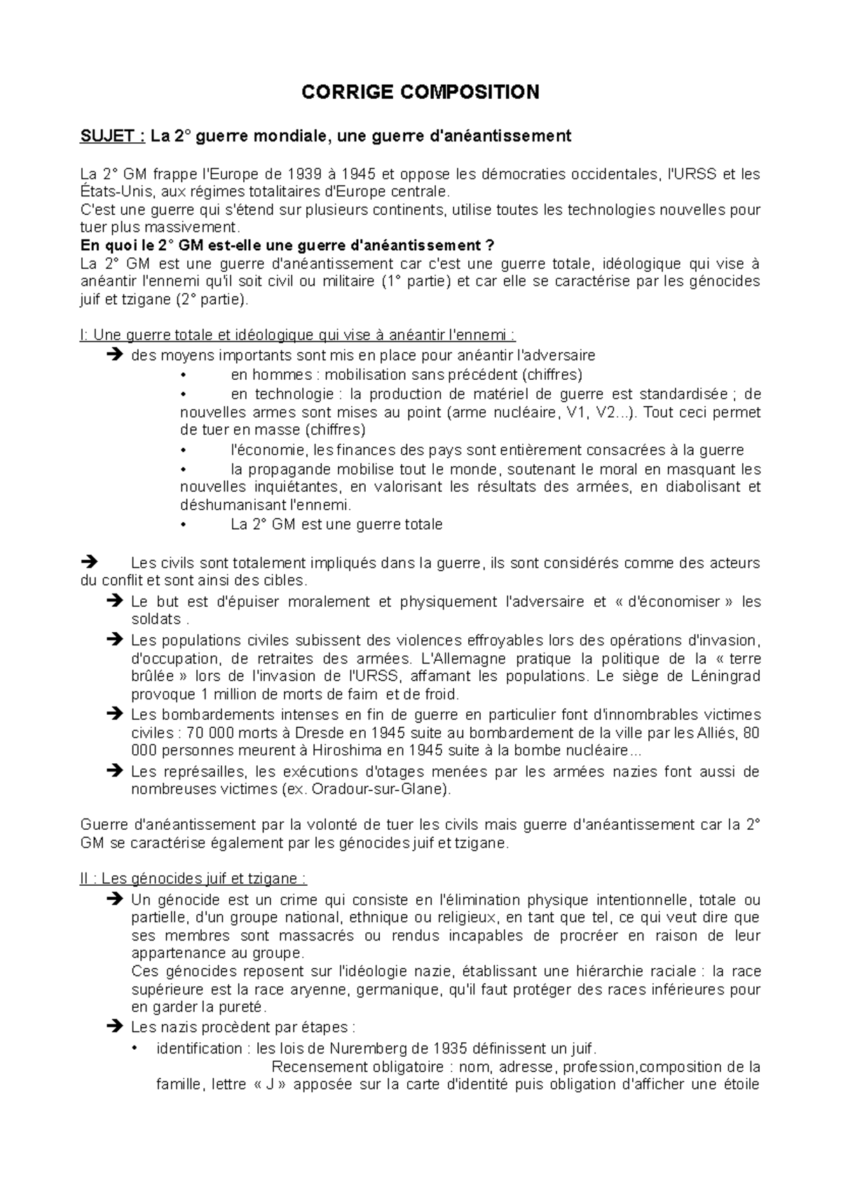 Corrige compo 2°gm guerre anéantissement - CORRIGE COMPOSITION SUJET : La 2° guerre mondiale ...