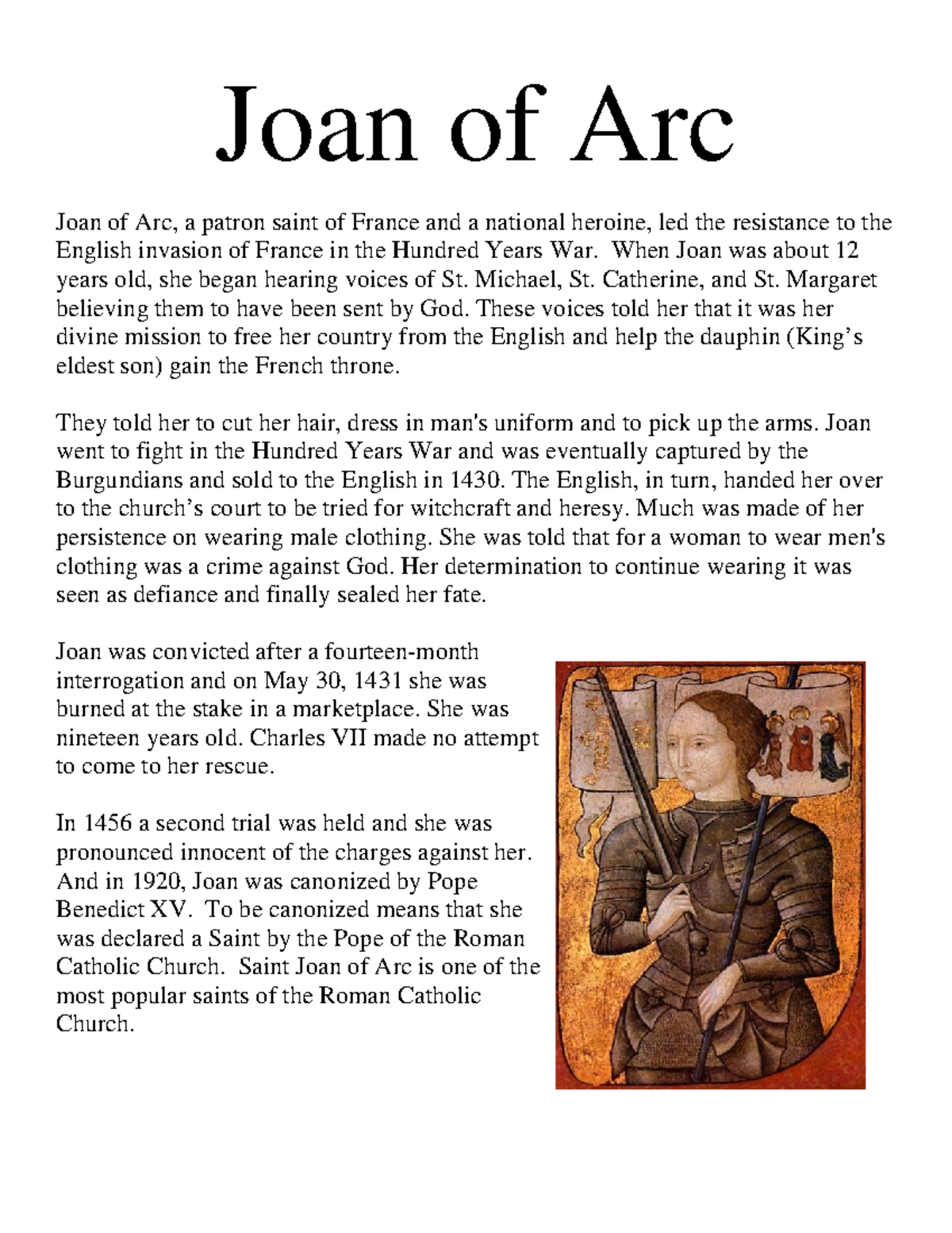 Rise of England France Readings - Joan of Arc Joan of Arc, a patron ...