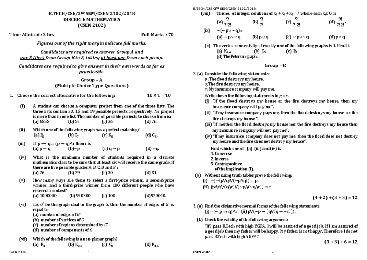Discrete Mathematics (CSEN 2102) - B/CSE/ RD SEM/CSEN 2102/ CSEN 2102 1 ...