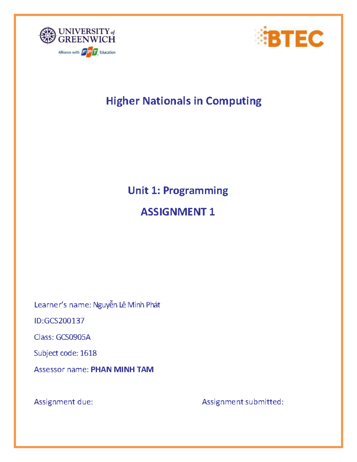 Programming Subject 1618 Assignmen 1 Higher Nationals In Computing Unit 1 Programming