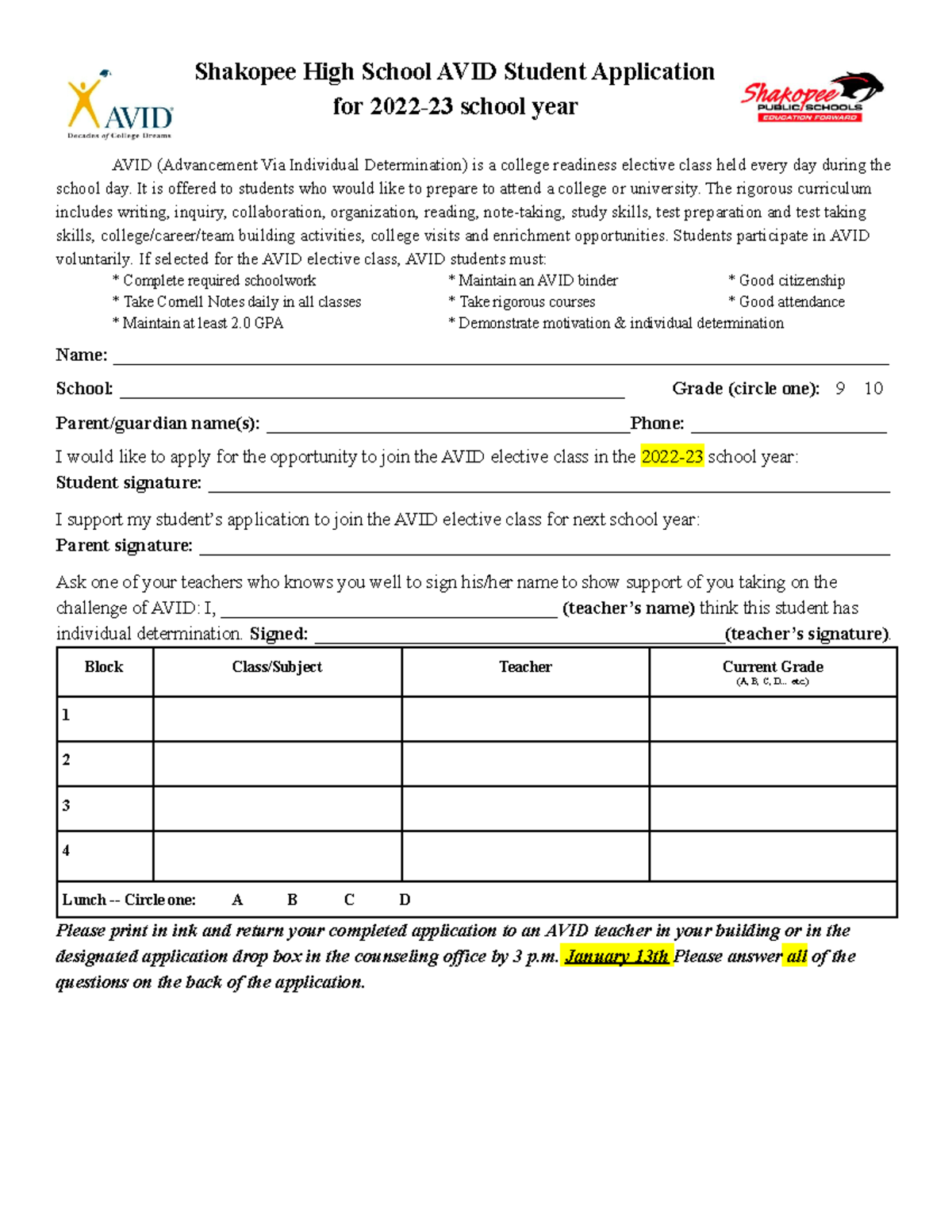 2022-23 Student Application AVID HS - Shakopee High School AVID Student ...