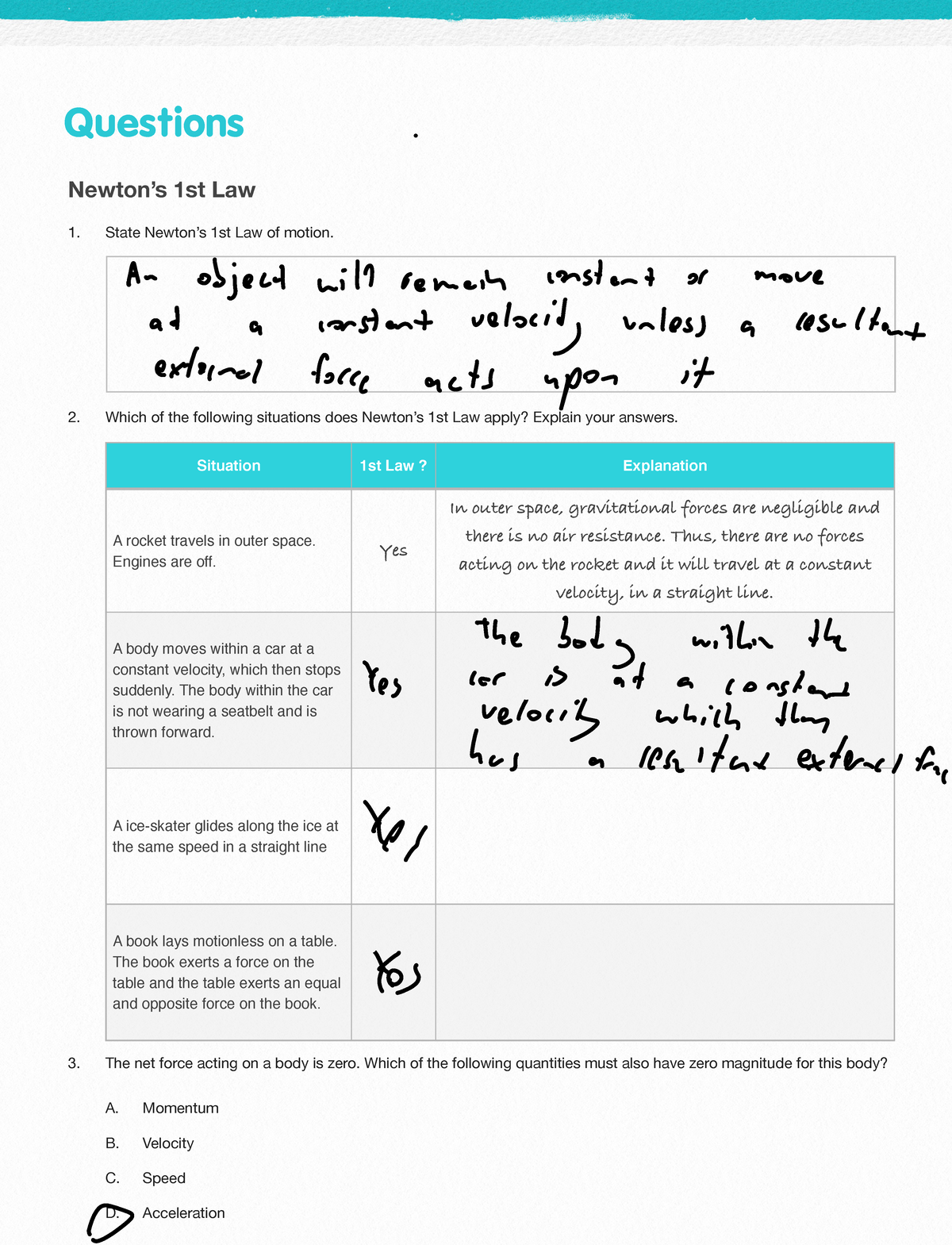 2.2 - Newtons Laws - Questions - 1. State Newton’s 1st Law of motion. 2 ...