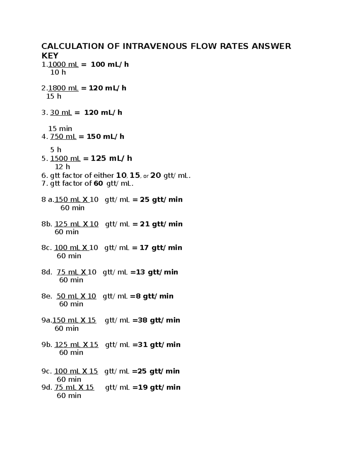 Calculation OF Intravenous FLOW Rates Answer KEY - CALCULATION OF ...
