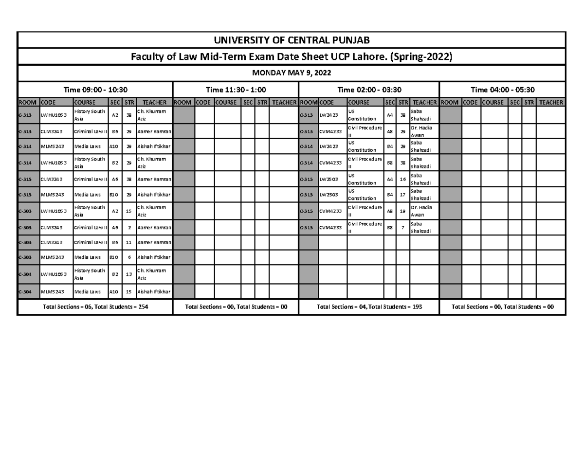 FOL Mid Term Date Sheet S22 Final Version - ROOM CODE COURSE SEC STR ...