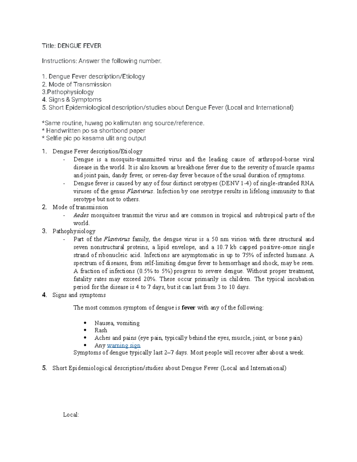 Dengue - Title: DENGUE FEVER Instructions: Answer the following number ...