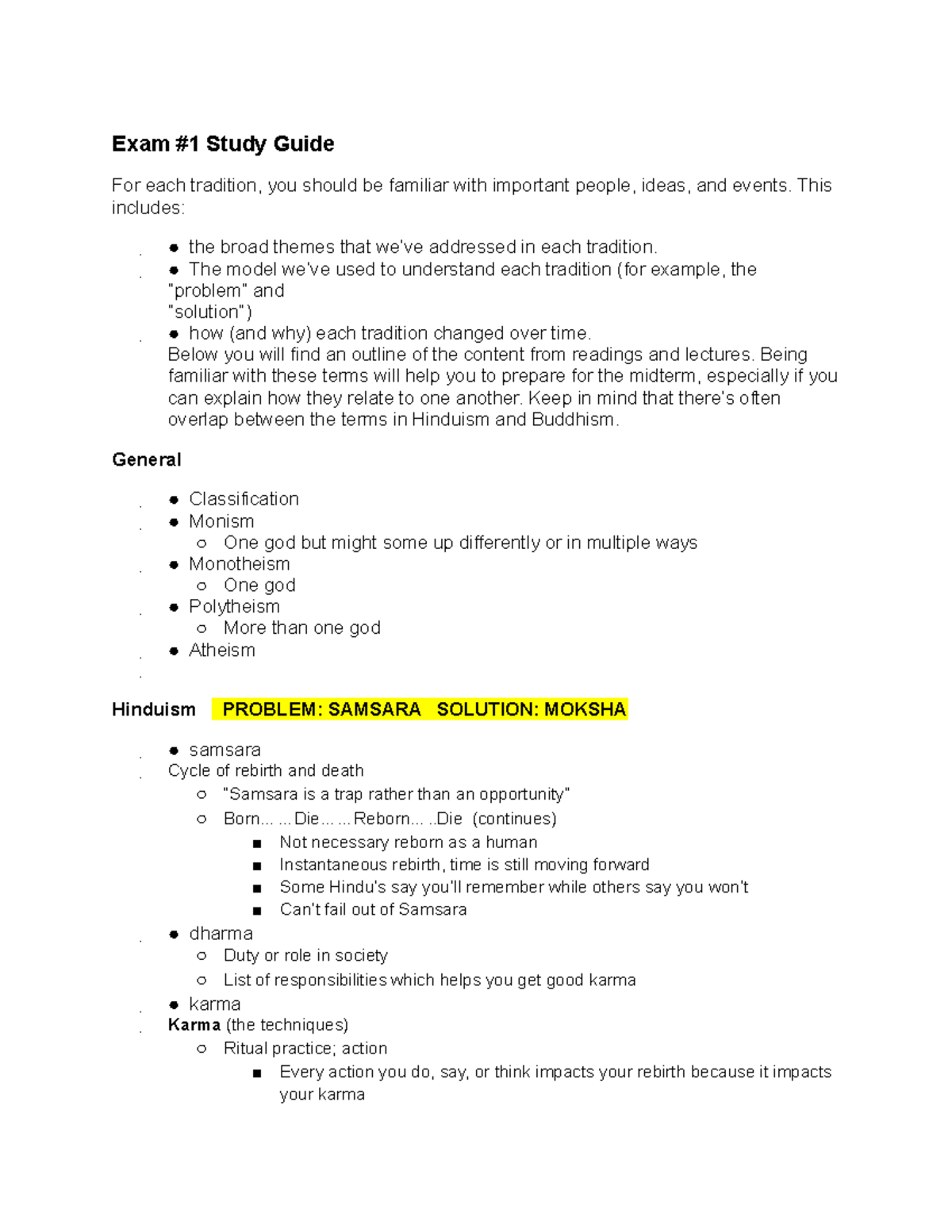 Exam #1 Study Guide - Exam #1 Study Guide For each tradition, you ...