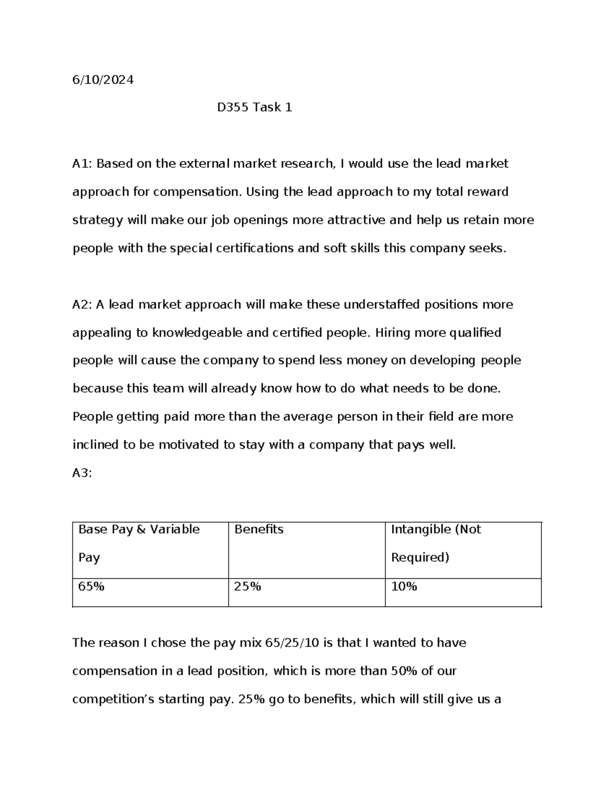 D355 Task 1 - 6/10/ D355 Task 1 A1: Based on the external market ...