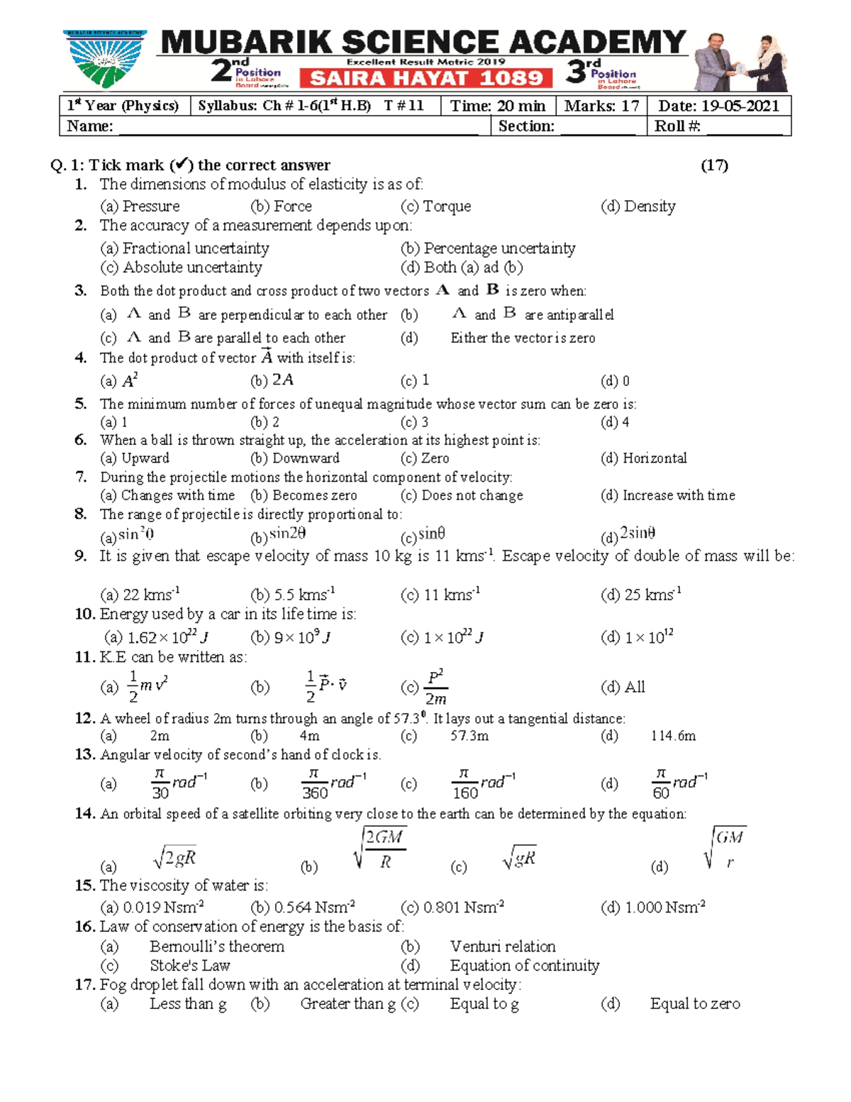 1st Year Physics Test # 11 Ch # 1-6 (1st H.B) (19-05-2021) - 1 st Year ...