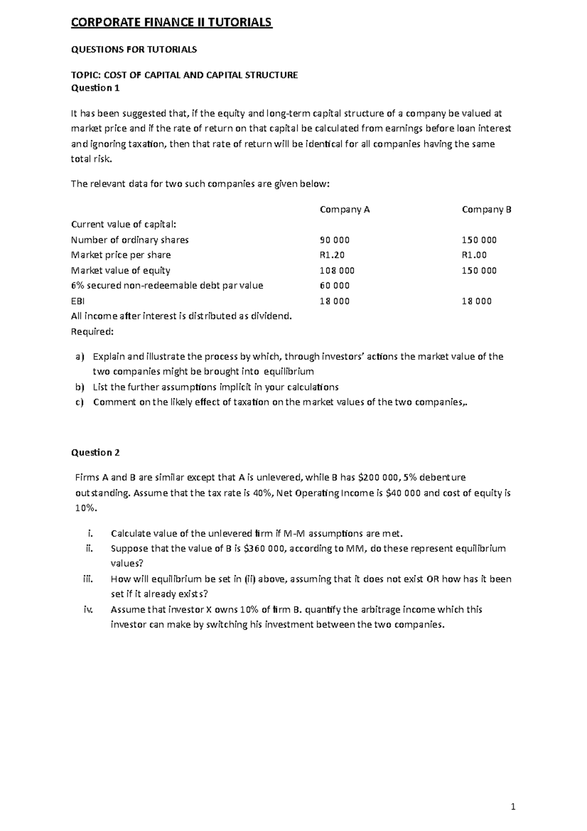 Corporate Finance II Tutorials- cap structure- Questions - CORPORATE ...