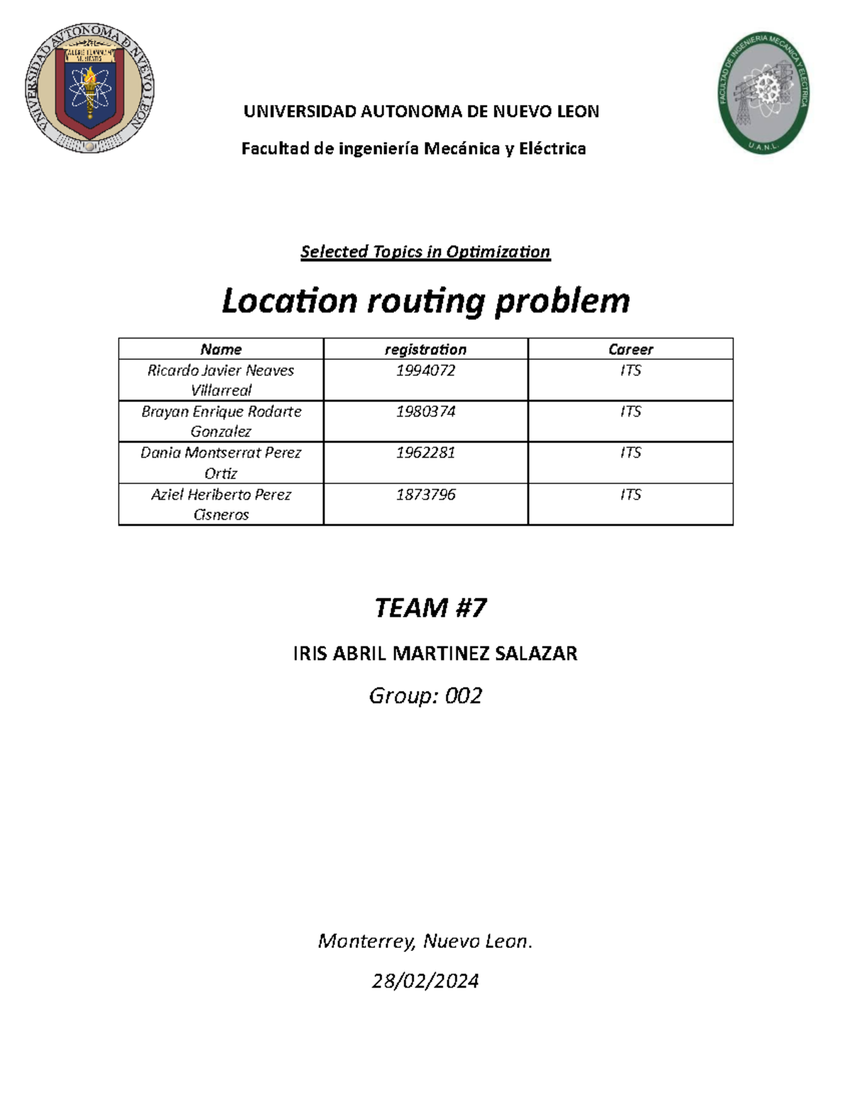 Simple Location Routing problem - UNIVERSIDAD AUTONOMA DE NUEVO LEON ...
