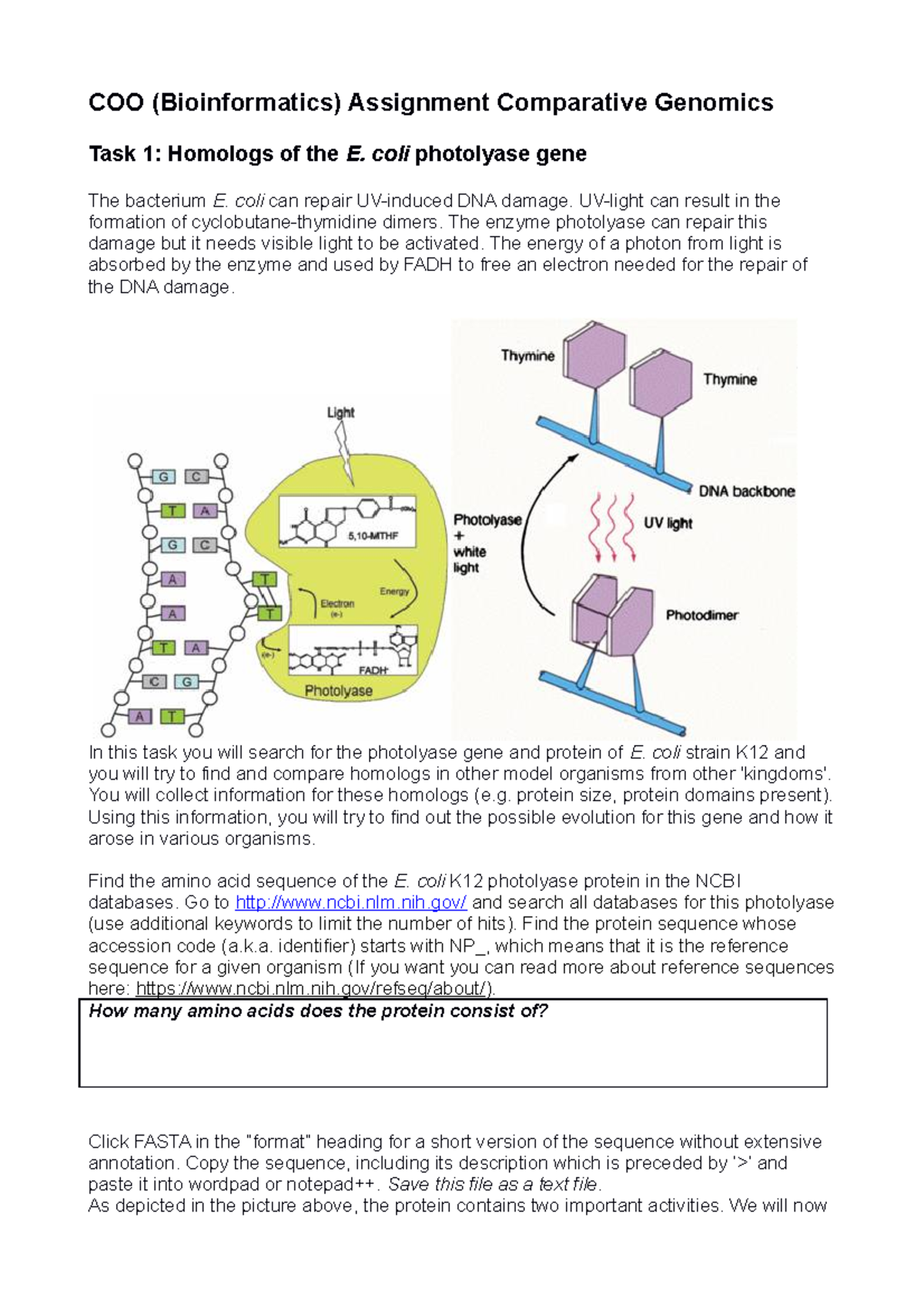 Comparative Genomics Bioinformatica - COO (Bioinformatics) Assignment Comparative Genomics Task ...