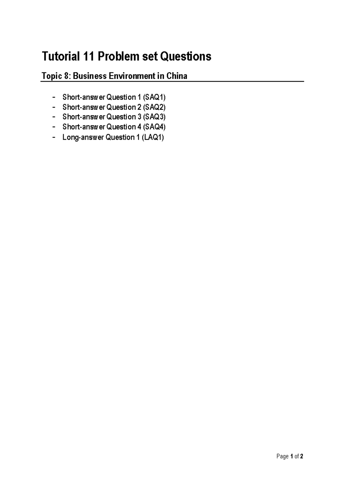 Tutorial 11 - Questions - ACF1100 - Page 1 of 2 Tutorial 11 Problem set Questions Topic 8 ...