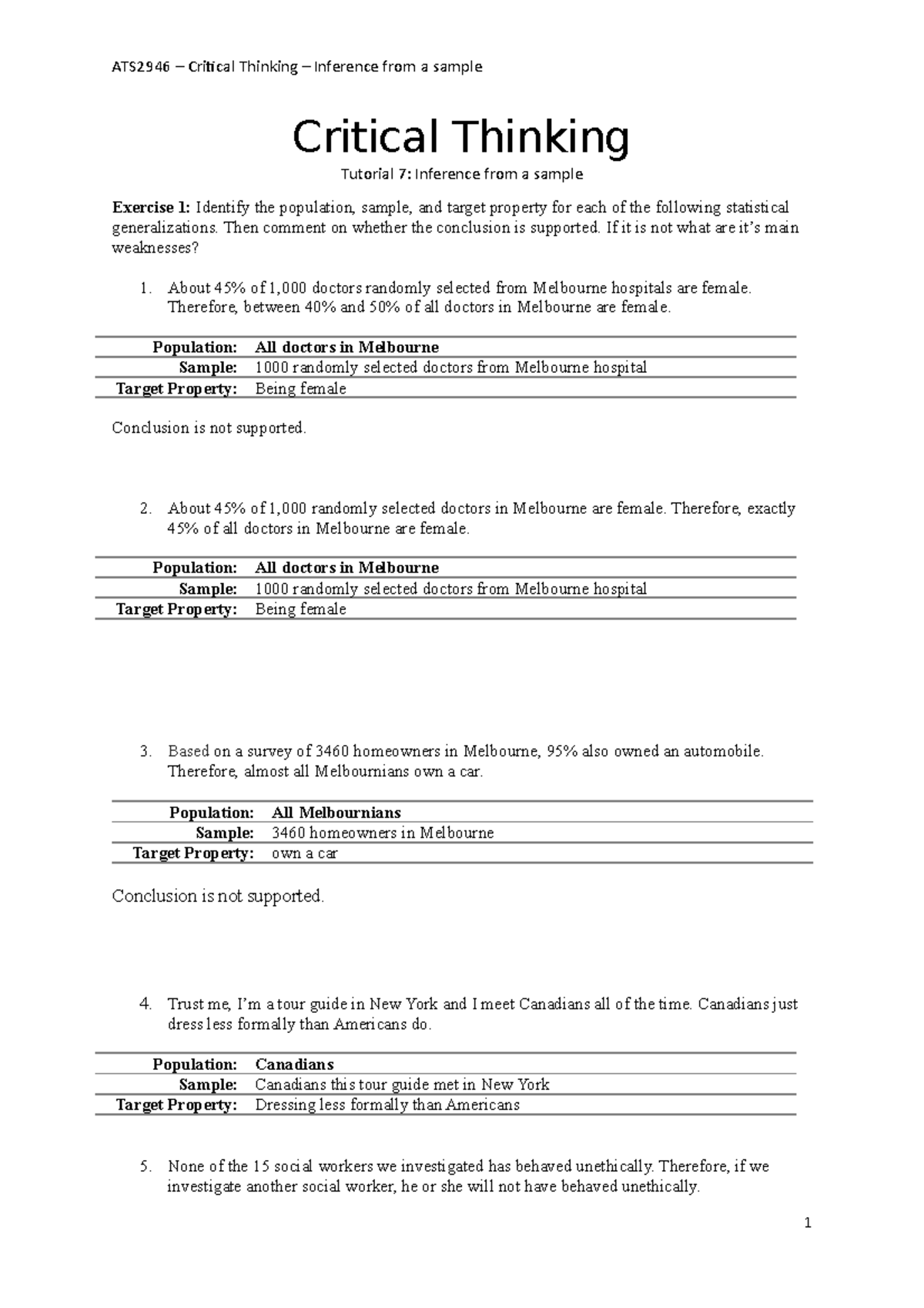 Inference from a Sample Tutorial Worksheet - Critical Thinking Tutorial ...