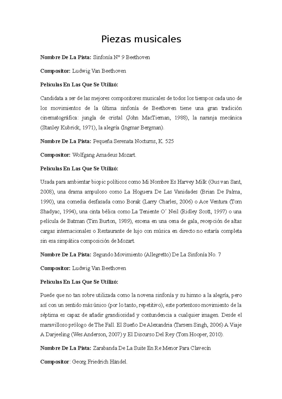 Piezas musicales - tareas - Piezas musicales Nombre De La Pista ...