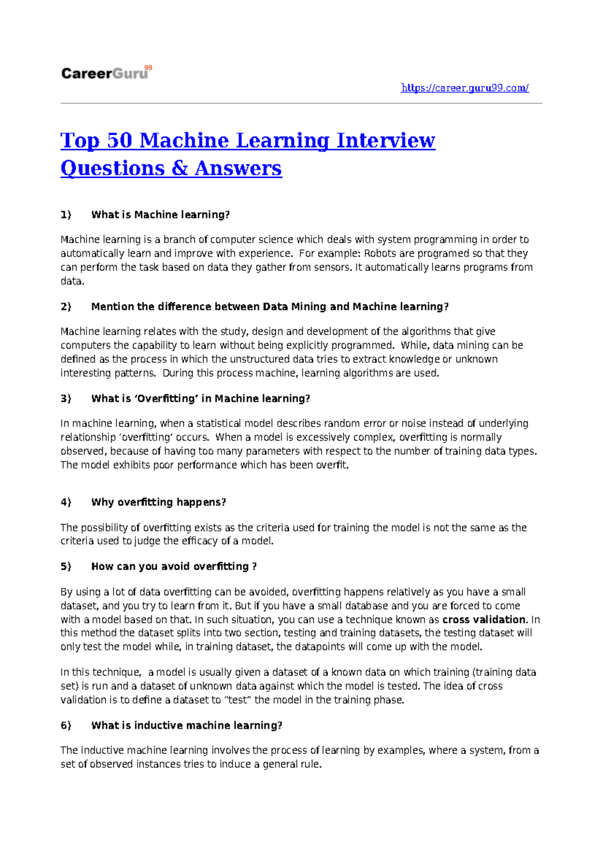 Top 50 Machine Learning Interview Questions - - Studocu