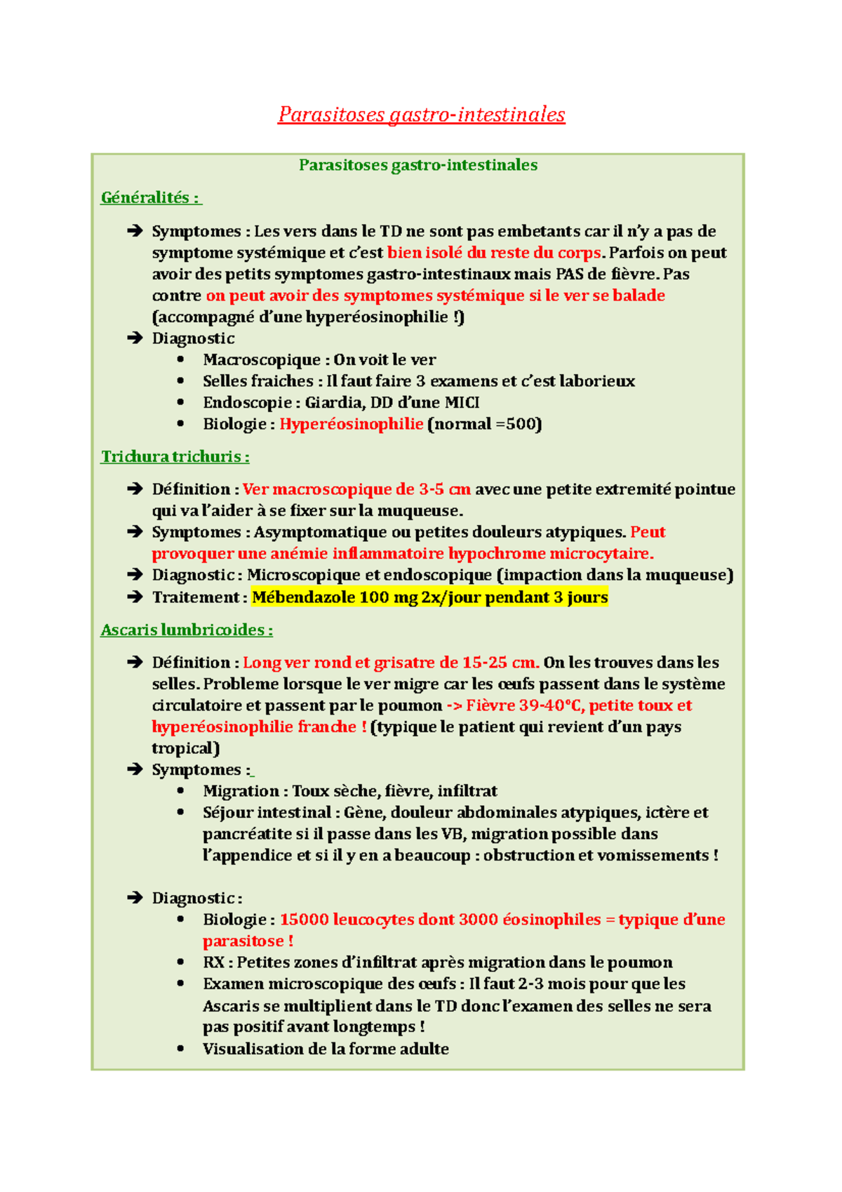 Parasitoses gastro-intestinales - Parasitoses Parasitoses : Symptomes ...