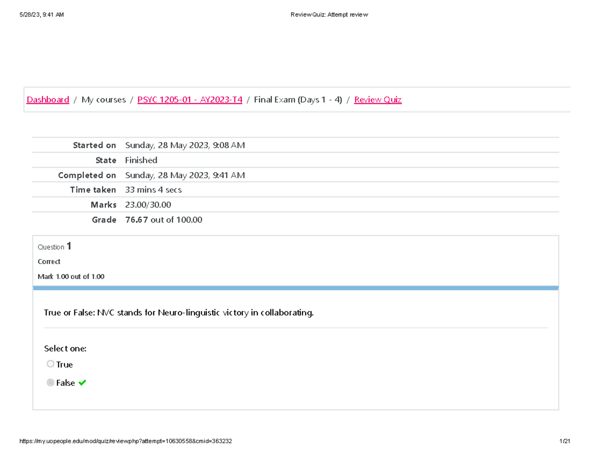 Review Quiz Final - Started on Sunday, 28 May 2023, 9:08 AM State ...