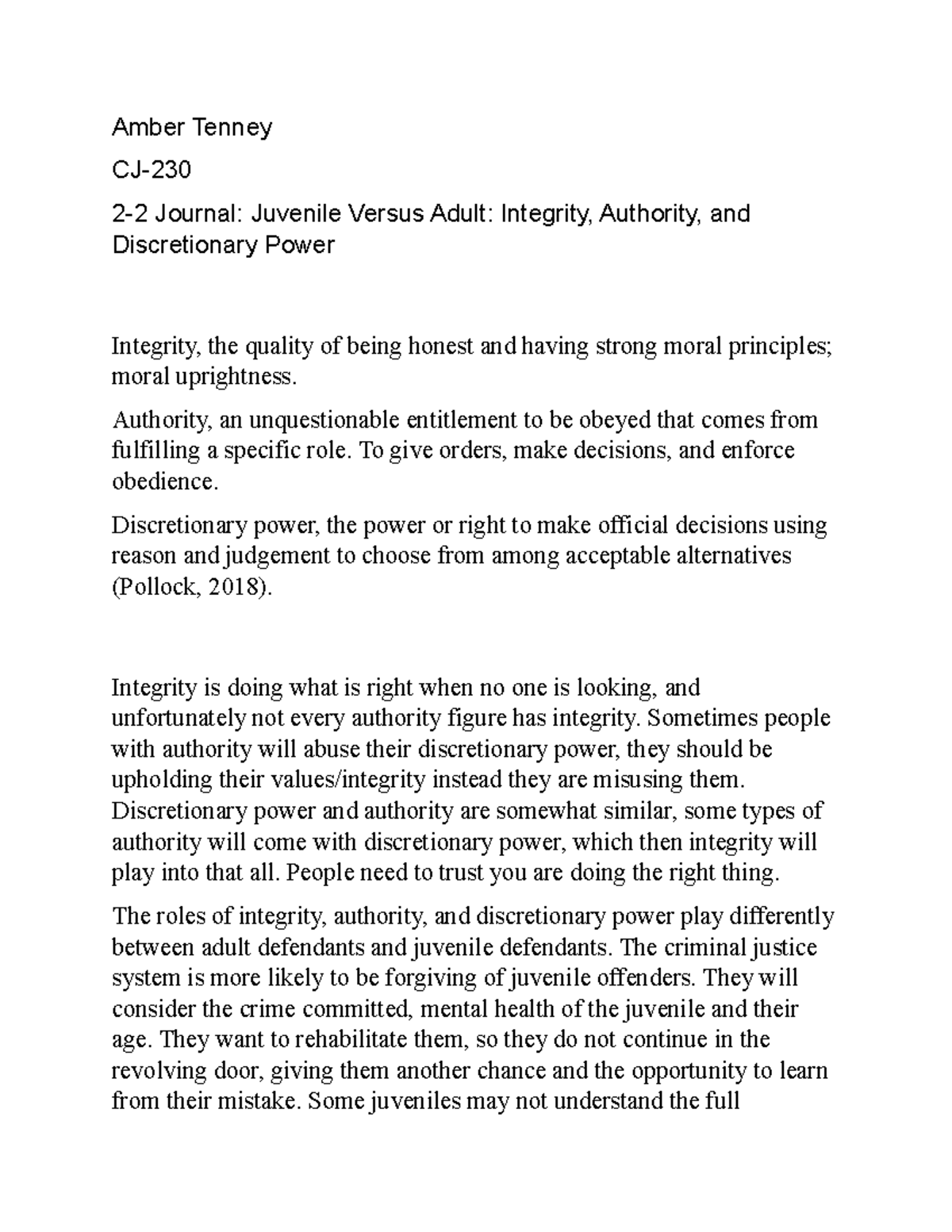 2-2 Journal CJ-230 - Amber Tenney CJ- 2-2 Journal: Juvenile Versus Adult: Integrity, Authority ...