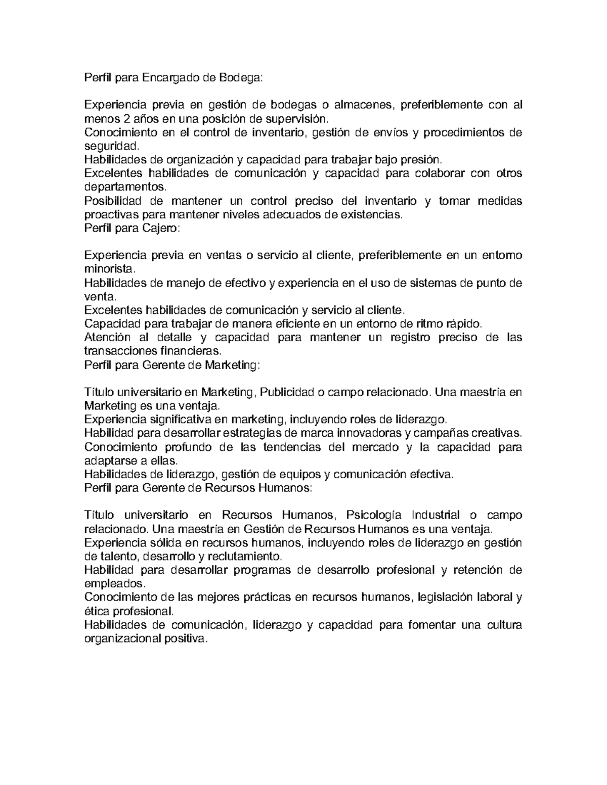 Reclutamiento Interno 1 - Perfil para Encargado de Bodega: Experiencia ...