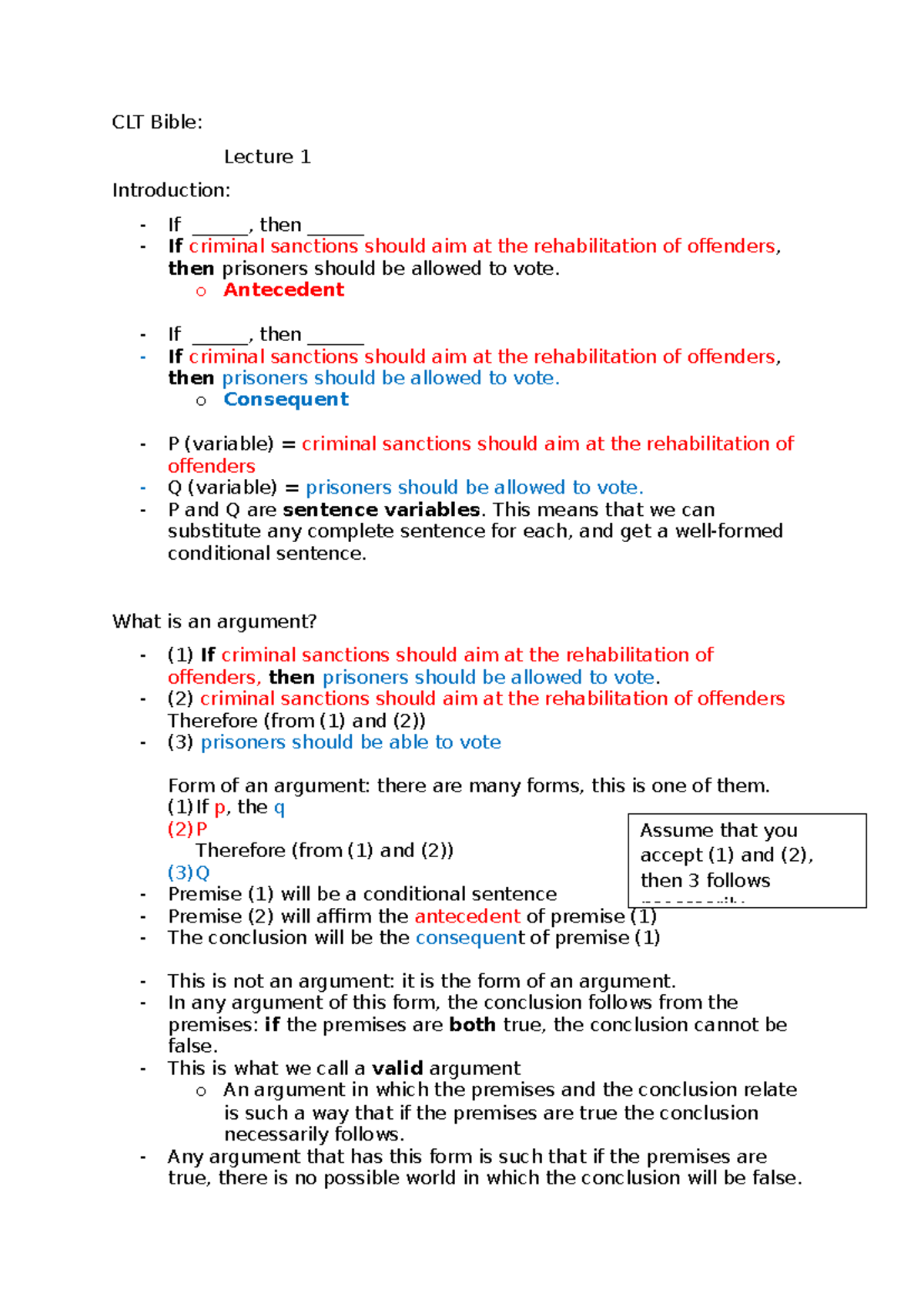 CLT Bible - lectures 1 - 5 - CLT Bible: Lecture 1 Introduction: - If ...