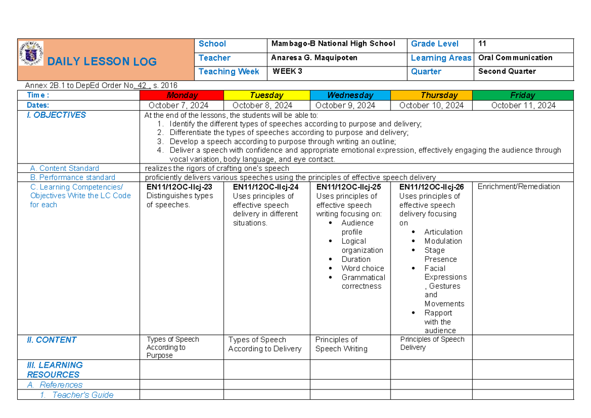 DLL - It is a sample of a one-week lesson plan in Oral Communication ...