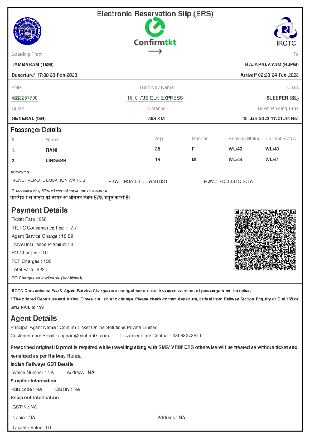 Ticket TK291513977 j48 - Electronic Reservation Slip (ERS) Passenger ...