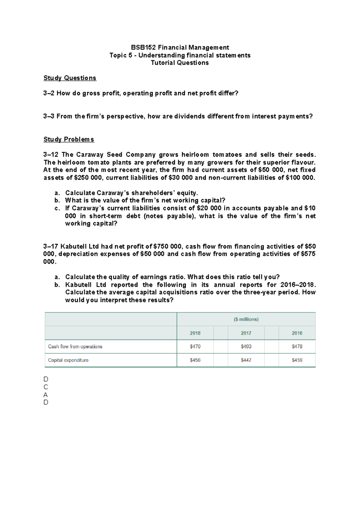 Tutorial 5 Questions - BSB152 Financial Management Topic 5 ...