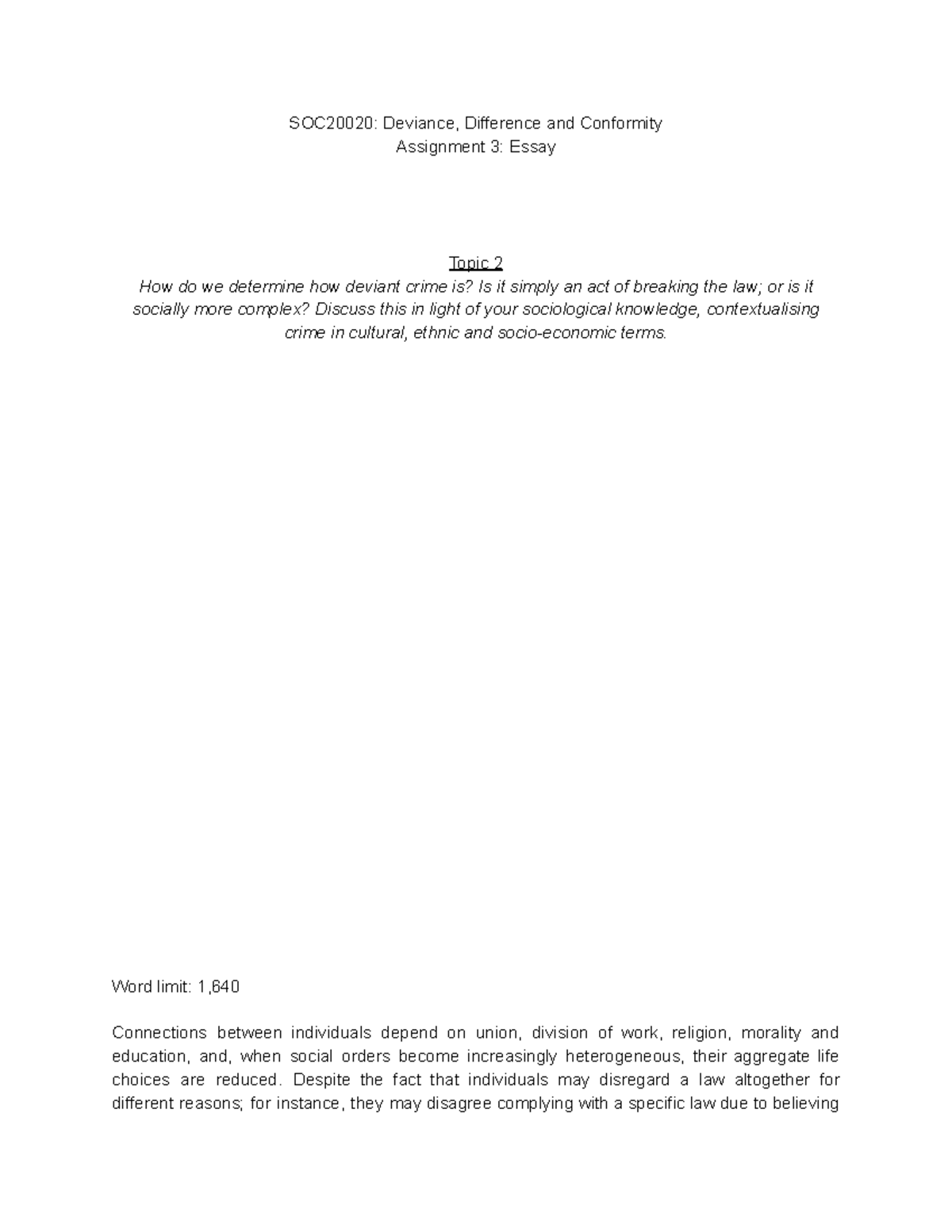 Deviance, Difference and Conformity Assignment 3- Essay- Crime ...
