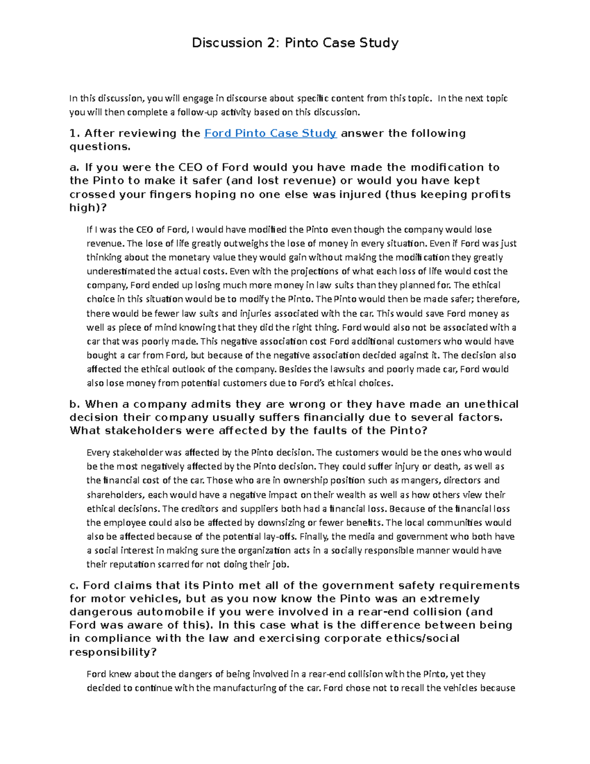 Discussion 2 Pinto Case - Discussion 2: Pinto Case Study In this ...