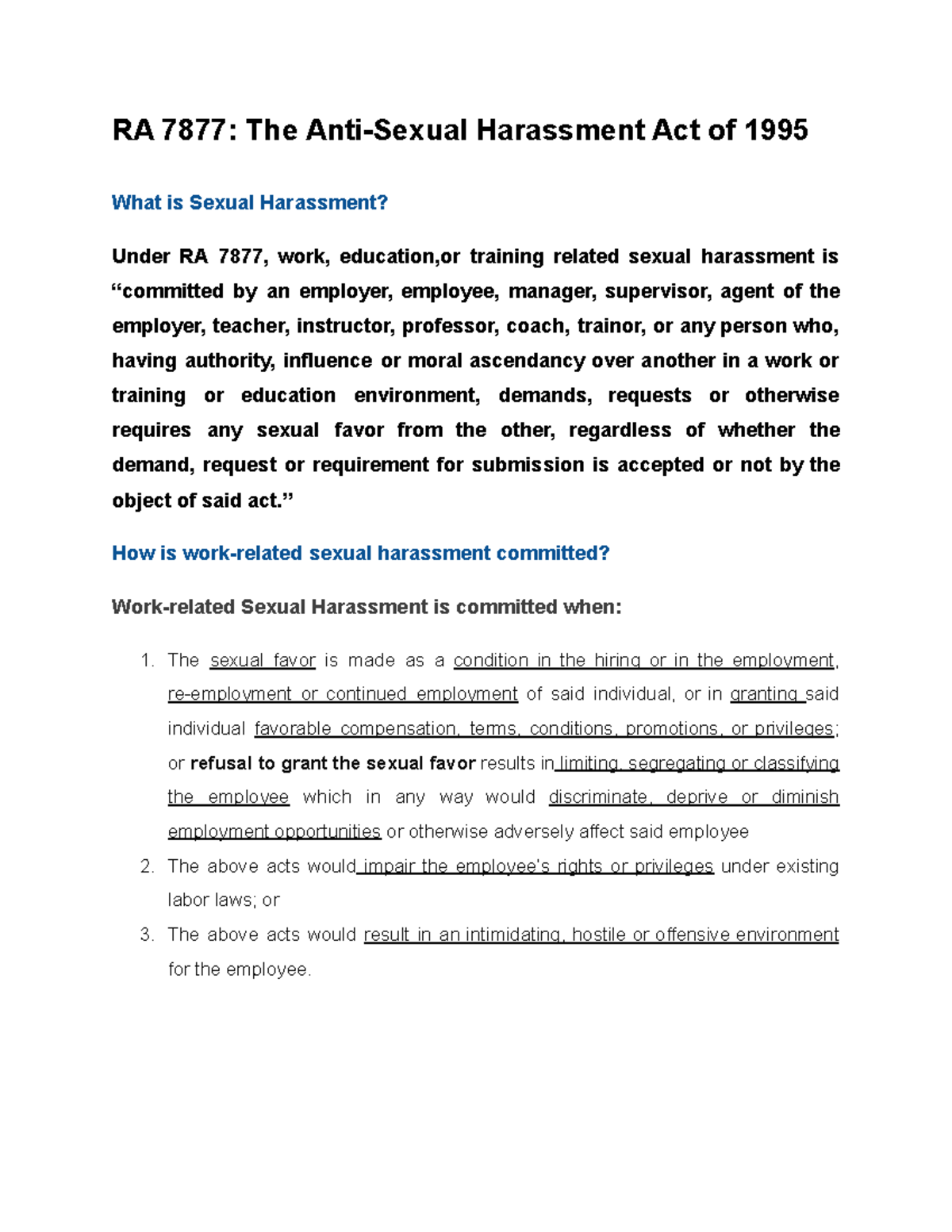 RA 7877 The Anti-Sexual Harassment Act of 1995 - RA 7877: The Anti ...