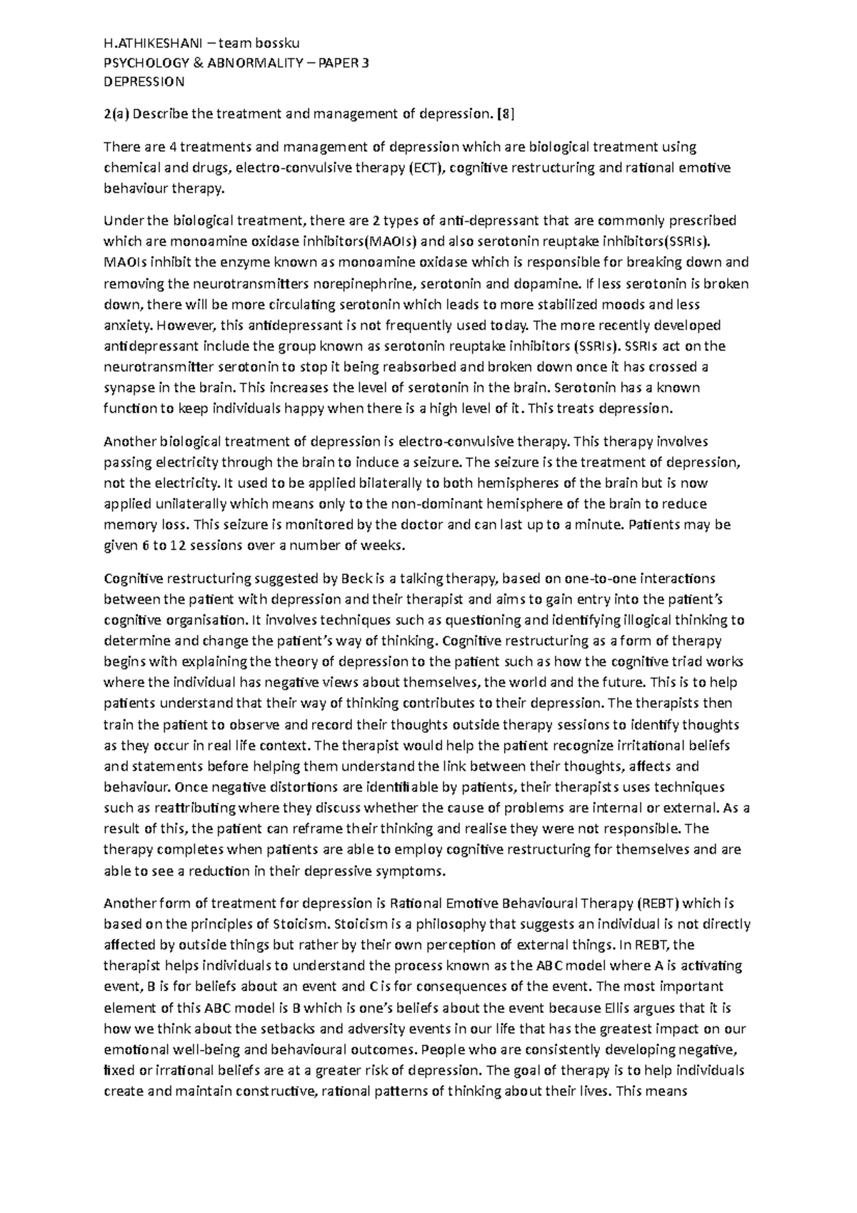 Treatment of depression Paper 3 - H – team bossku PSYCHOLOGY ...