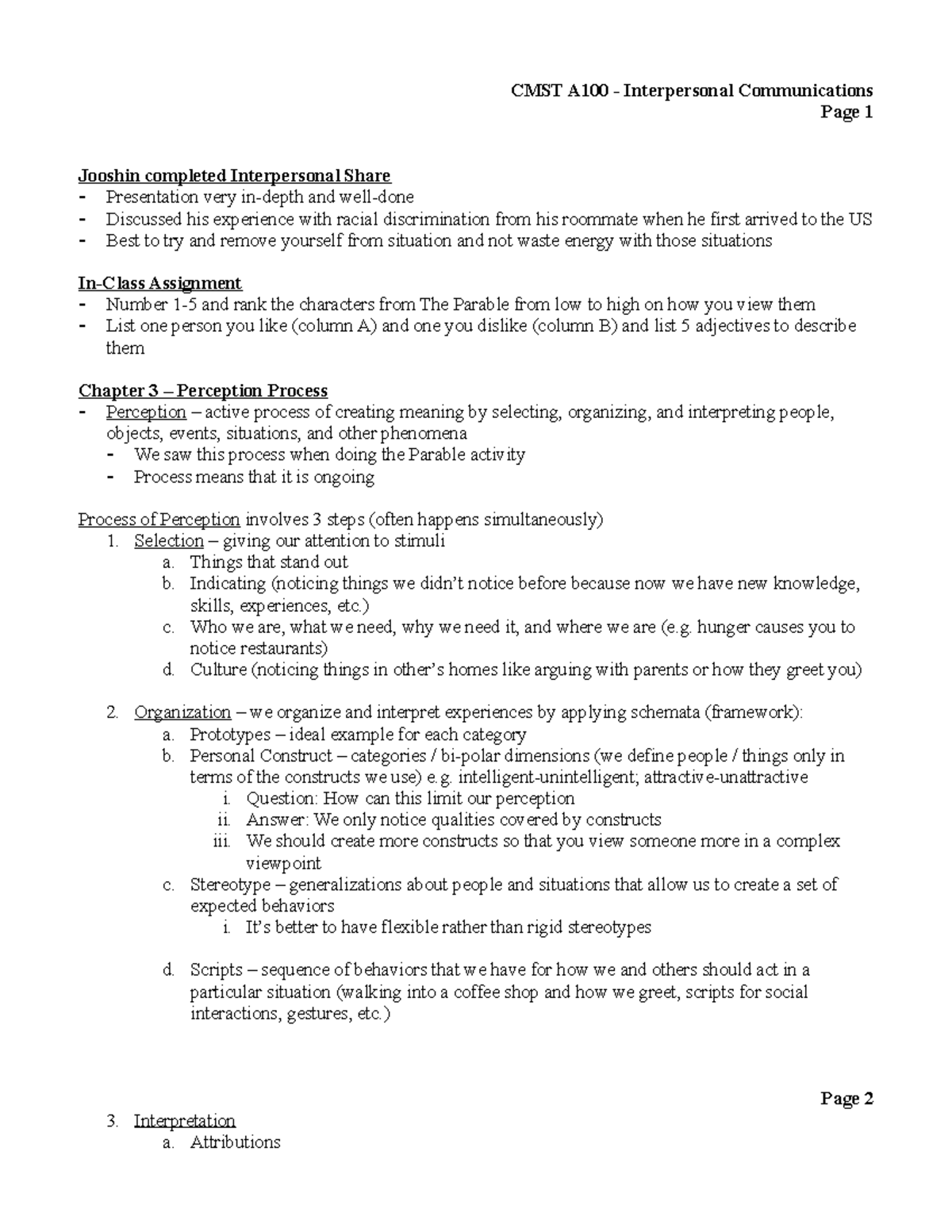 CMST A100 - Notes - 7621 - CMST A100 - Interpersonal Communications ...