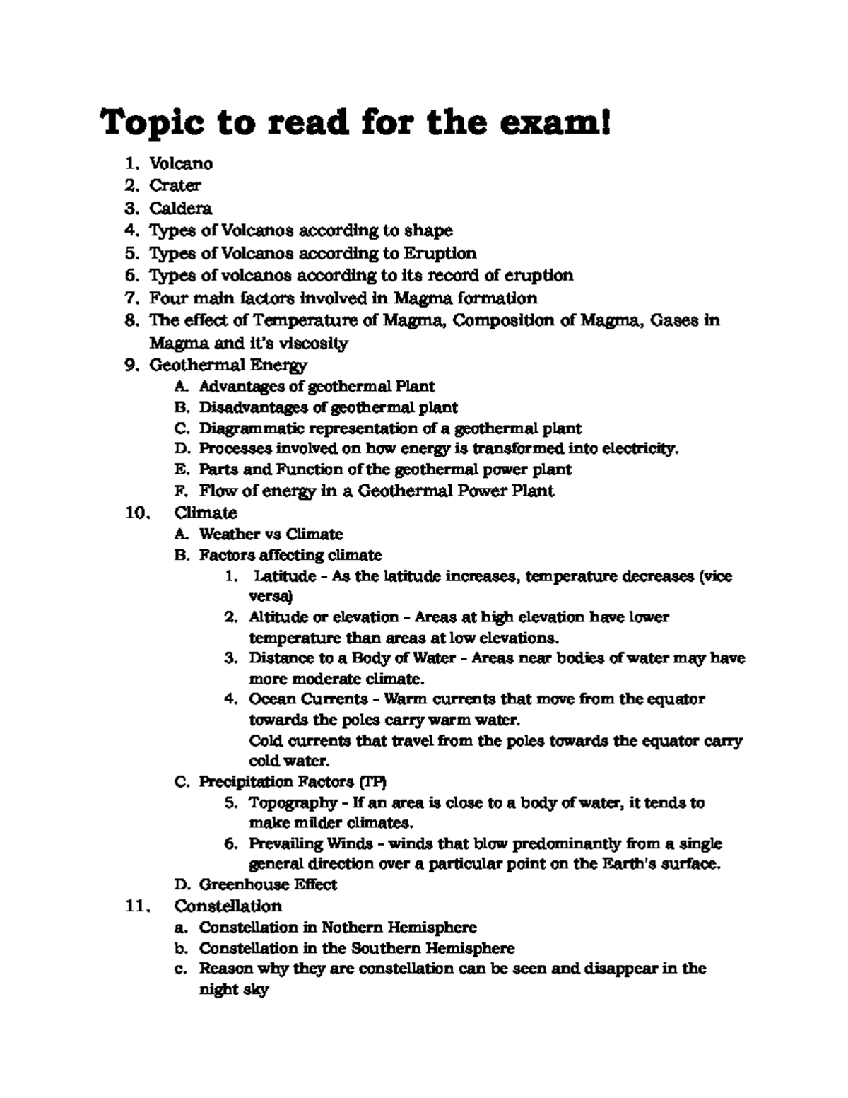Grade 9 Reviewer - Topic to read for the exam! 1. Volcano 2. Crater 3 ...