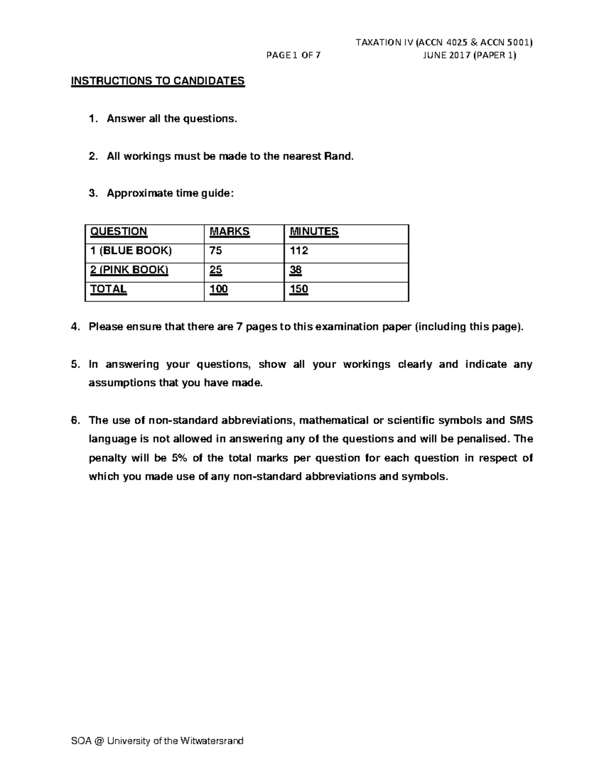 WITS Paper Question - PAGE 1 OF 7 JUNE 2017 (PAPER 1) INSTRUCTIONS TO ...