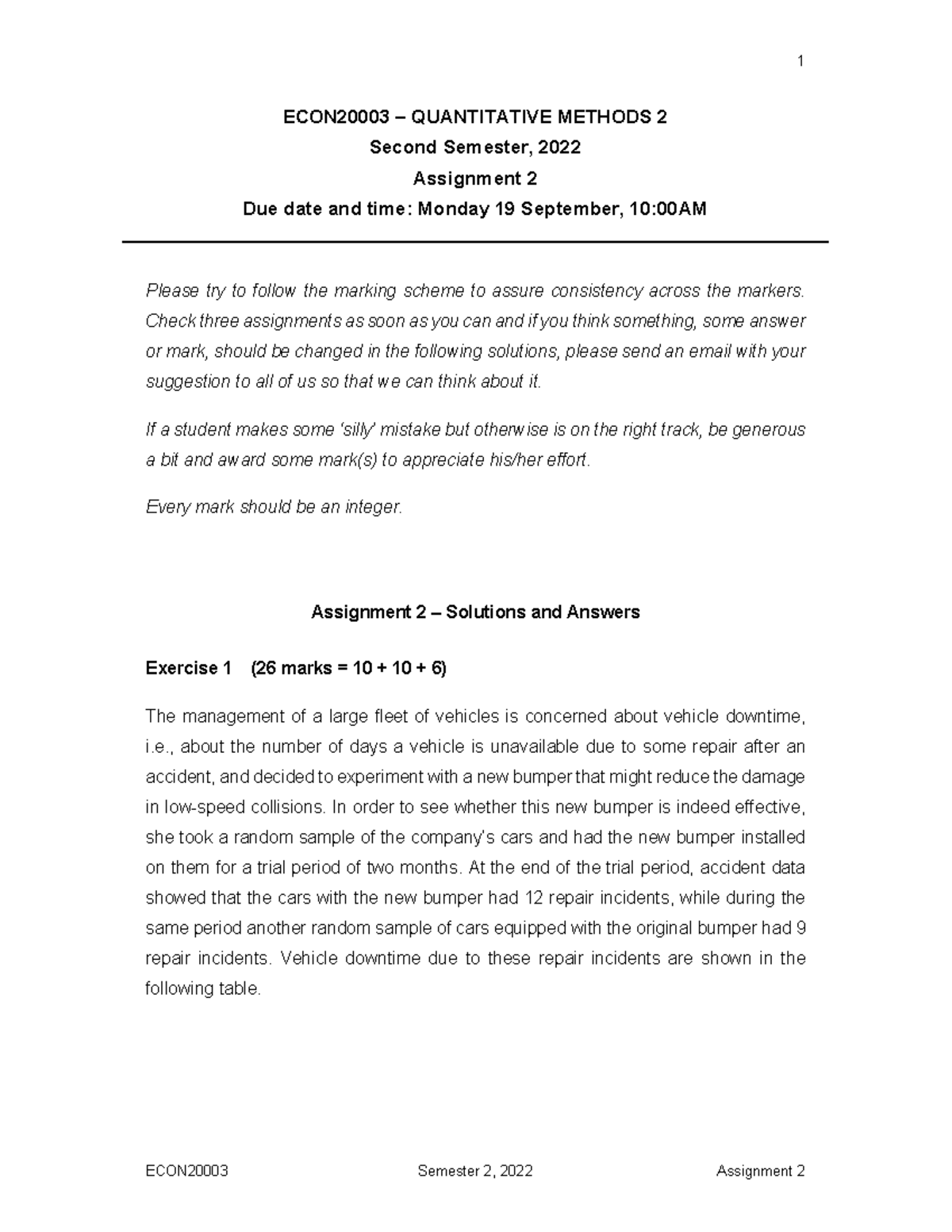 Assignment 2 answers and marking guide - ECON20003 – QUANTITATIVE ...