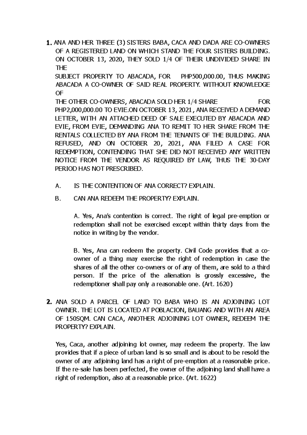 Sales final exam questions - 1. ANA AND HER THREE (3) SISTERS BABA ...