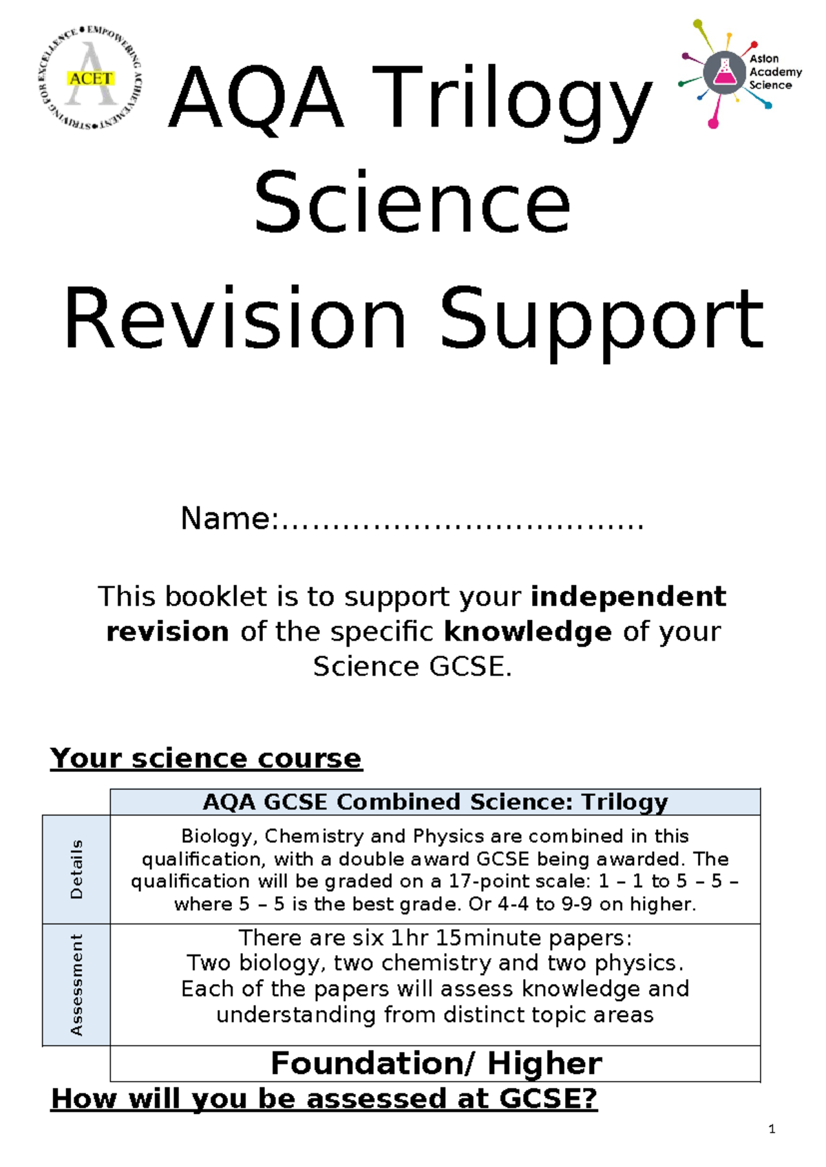 Revision Knowledge Support 2017-18 - AQA Trilogy Science Revision ...
