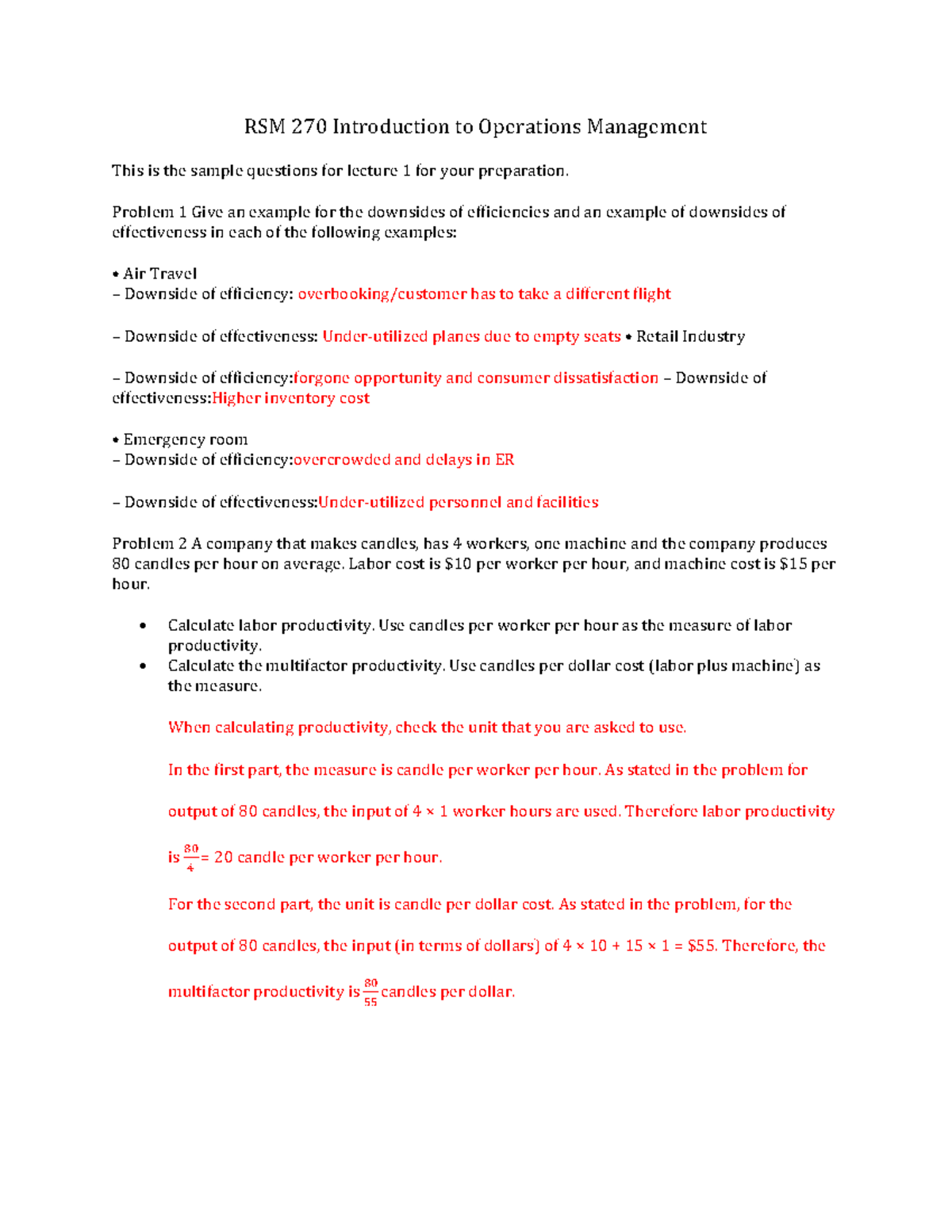 RSM 270H1F Introduction to Operations Management: Sample Problems 1 ...