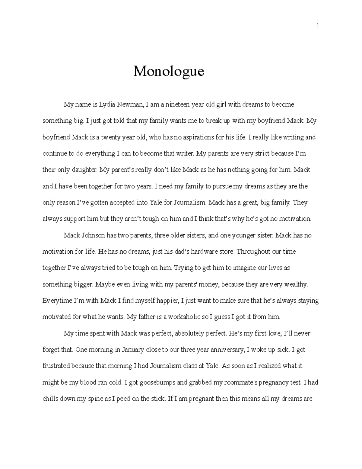 Monologue for acting - 1 Monologue My name is Lydia Newman, I am a ...