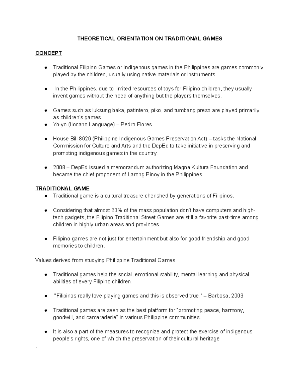 Edphys 13 - lecture - THEORETICAL ORIENTATION ON TRADITIONAL GAMES CONCEPT Traditional Filipino ...