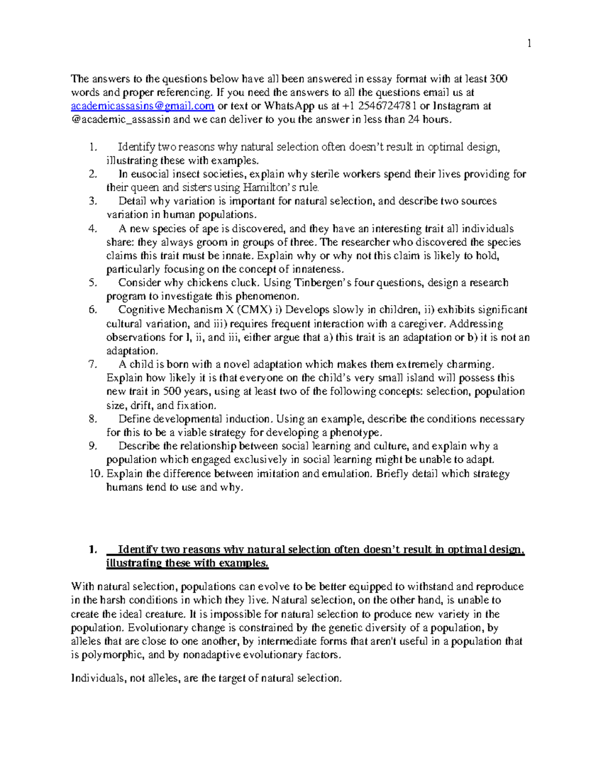Bio Question and answers - 1 The answers to the questions below have ...