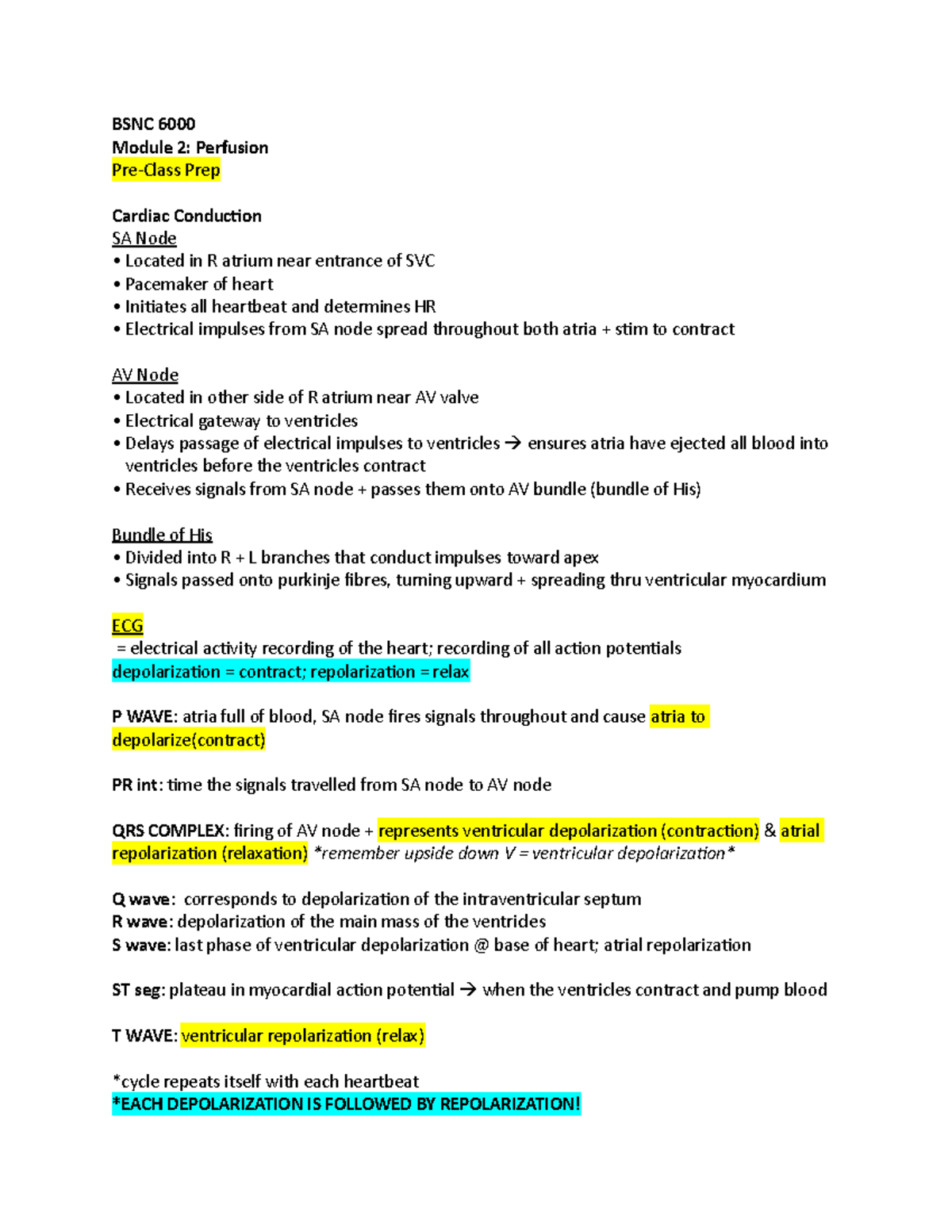 Mod 2 Notes - BSNC 6000 Module 2: Perfusion Pre-Class Prep Cardiac ...