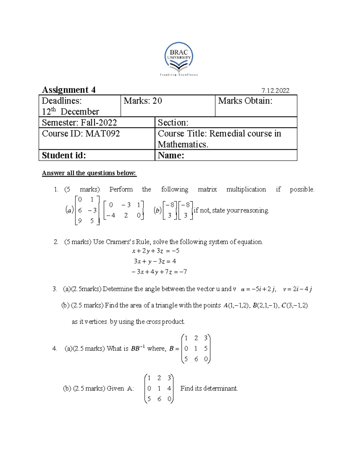Assignment 4 - Deadlines: 12 th December Marks: 20 Marks Obtain: Semester: Fall-2022 Section ...