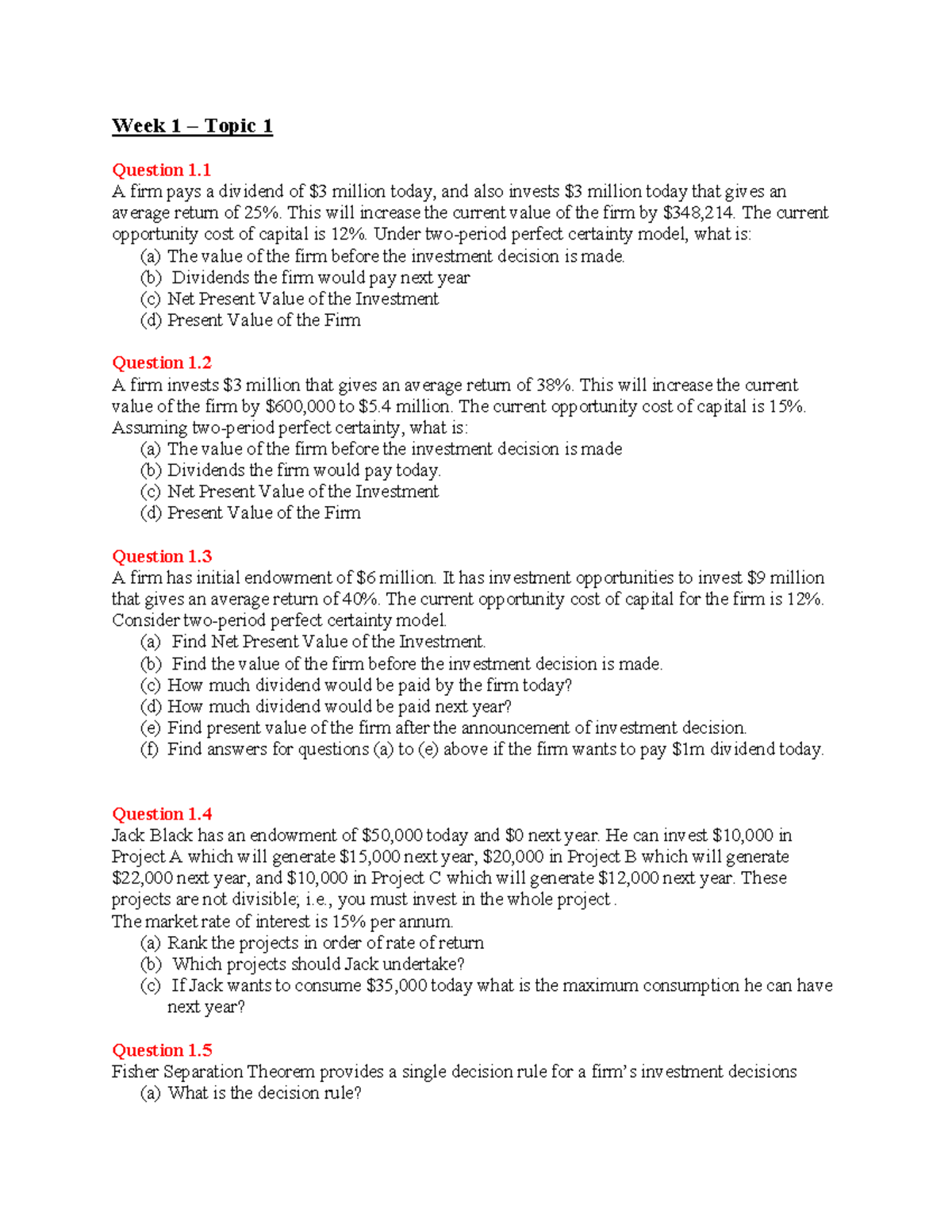 Financial Management Past Exam Questions - Week 1 – Topic 1 Question 1 ...